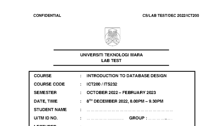 Q ICT200 Lab Test: Introduction to Database Design - Dec 2022 - Studocu