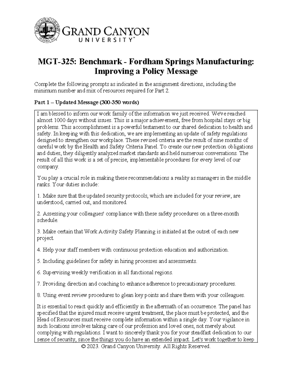 Kp bm essay - MGT-325: Benchmark - Fordham Springs Manufacturing ...