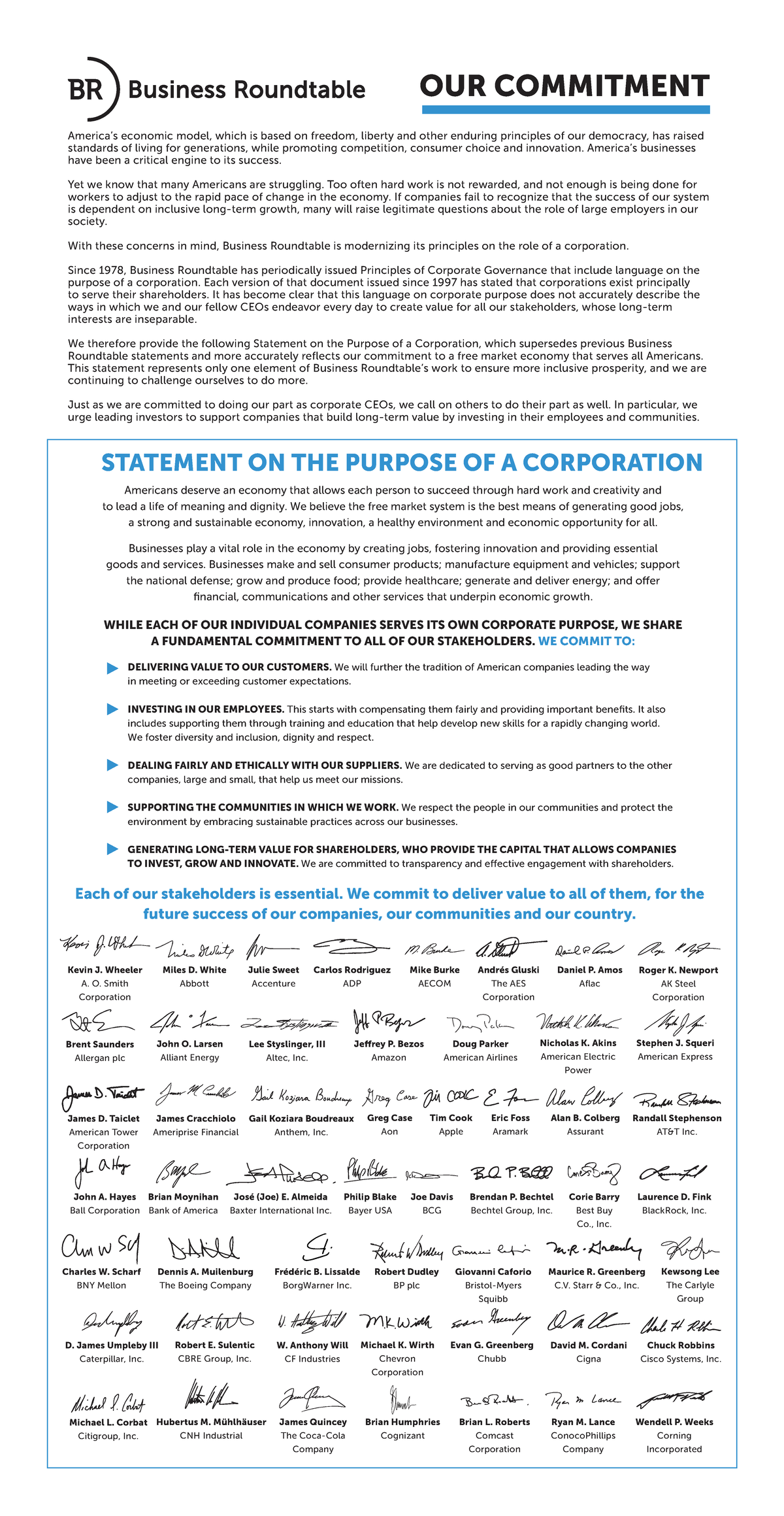 Business Roundtable Statement 2019 - Case Study on Corporate Purpose ...