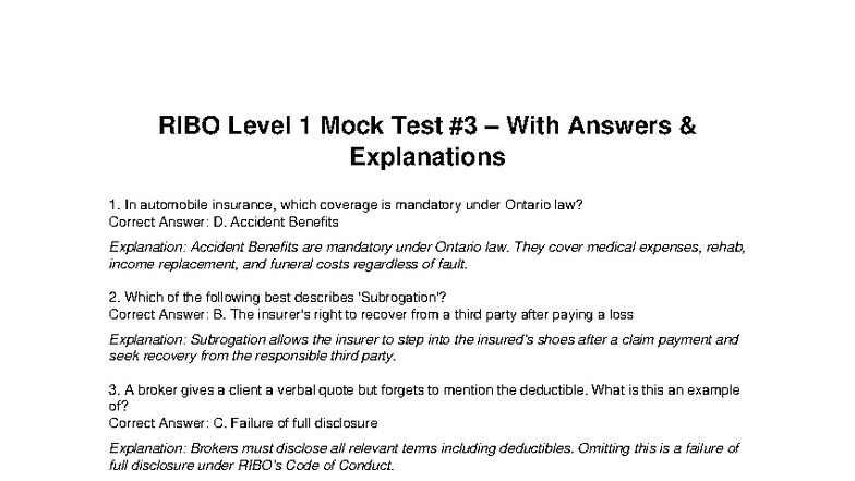 RIBO Level 1 Mock Test 3: Answers & Explanations - Studocu
