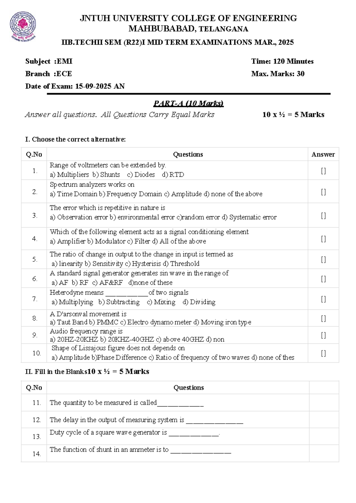 MID-I EMI QP - ECE II B.Tech (R22) - Mar 2025 Exam - Studocu