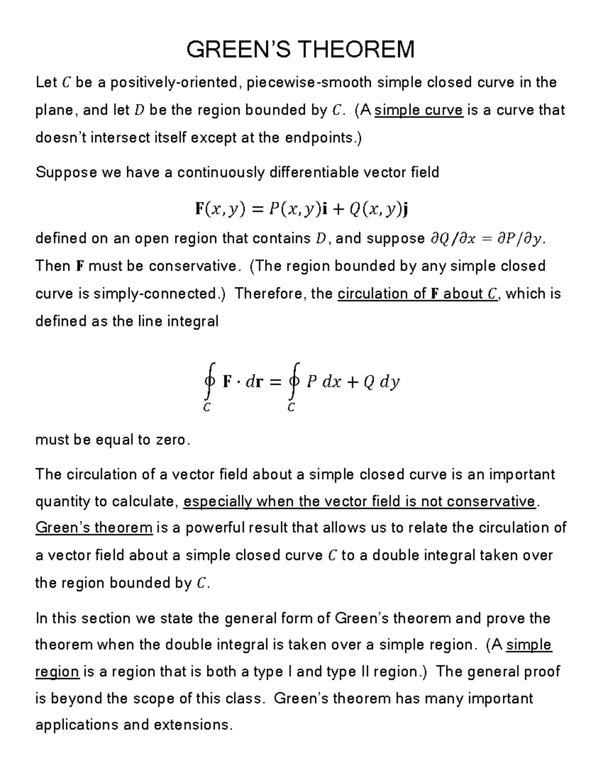 077 Greens theorem annotated - GREEN’S THEOREM Let 𝐶 be a positively ...