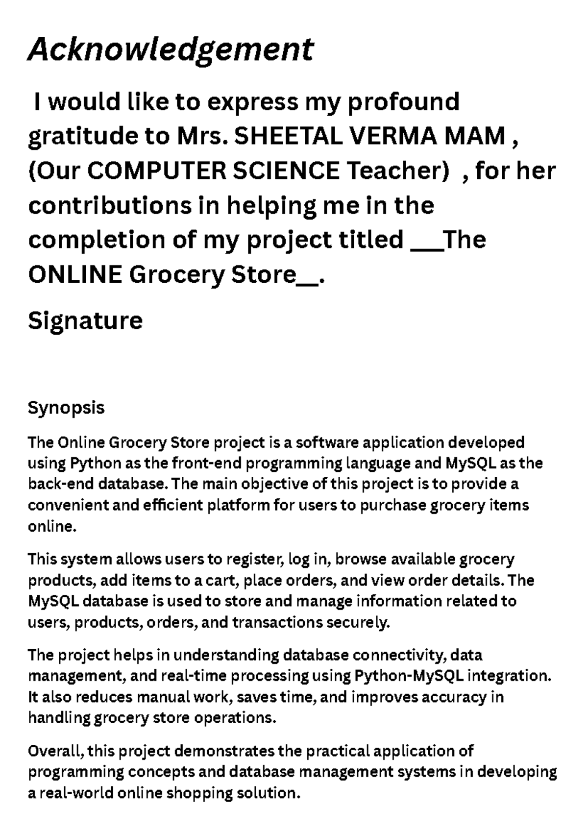 Acknowledgement of Support for CS Project: Online Grocery Store - Studocu