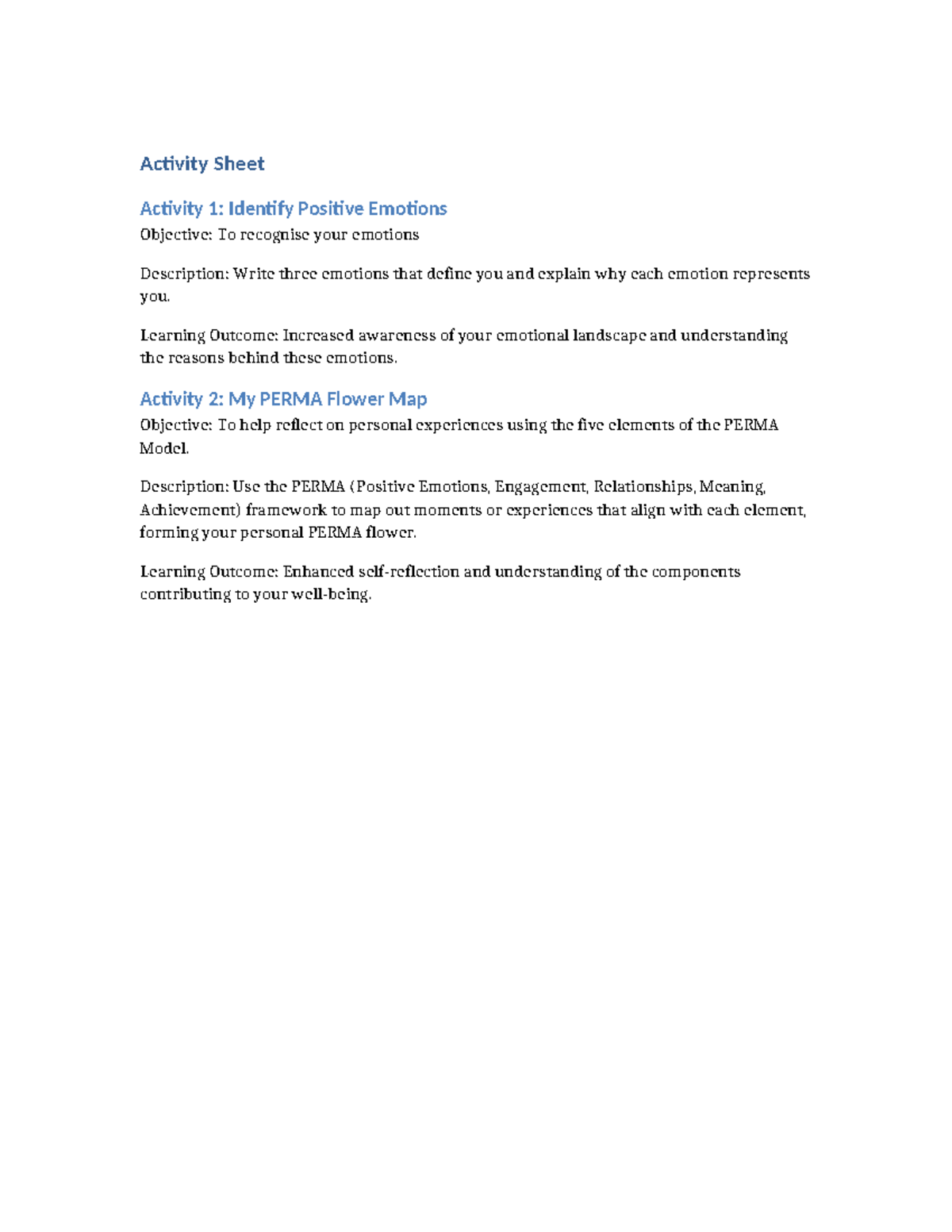 Activity Sheet: Positive Emotions & PERMA Model Insights - Studocu