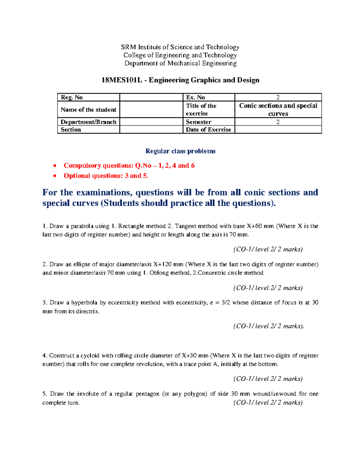 18MES101L - Engineering Graphics Exercise 2: Conic Sections & Curves ...