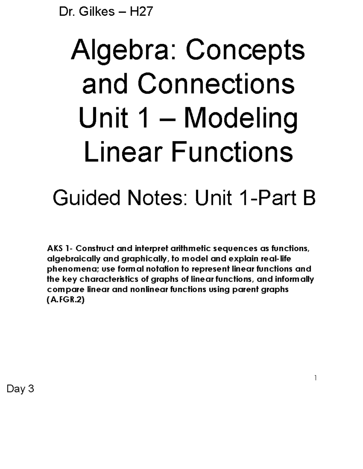 Unit 1 - Guided Notes (Part B): Linear Functions and Graphs - Studocu