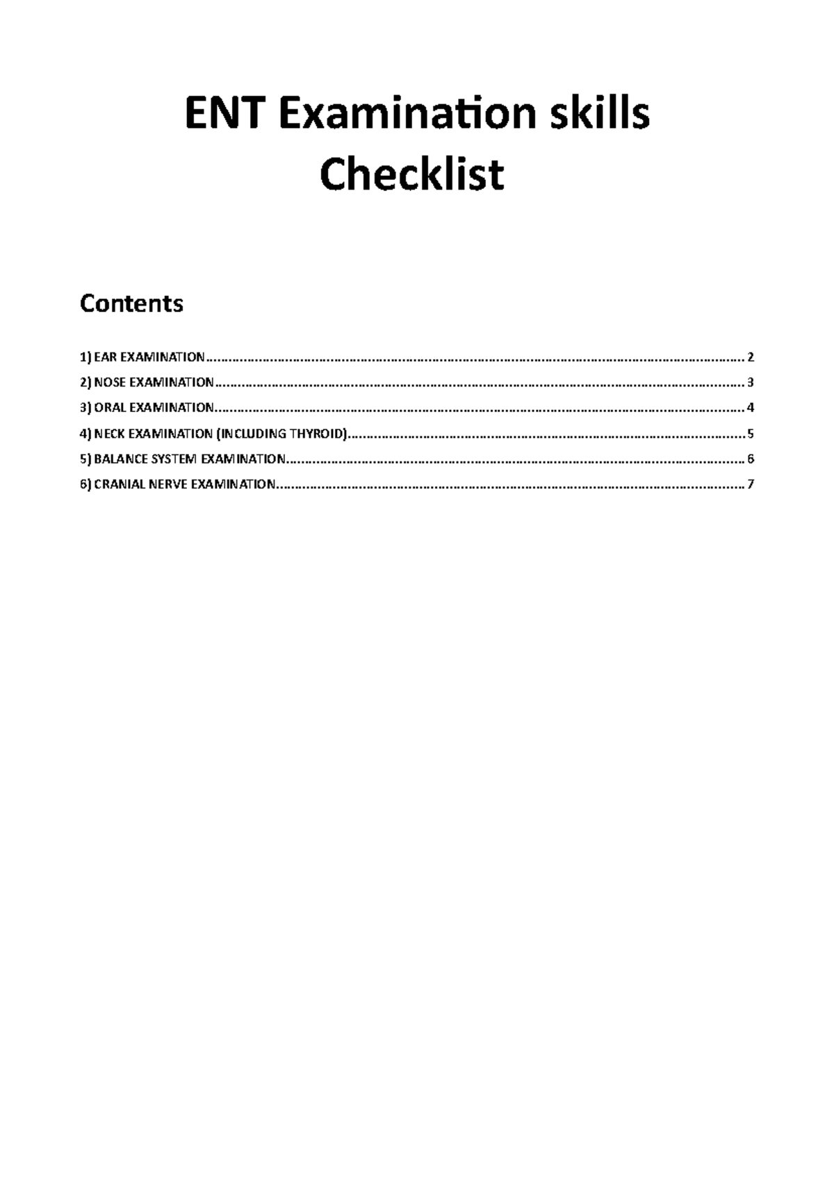 ENT OSCE Examination Checklist: Comprehensive Guide for Students - Studocu