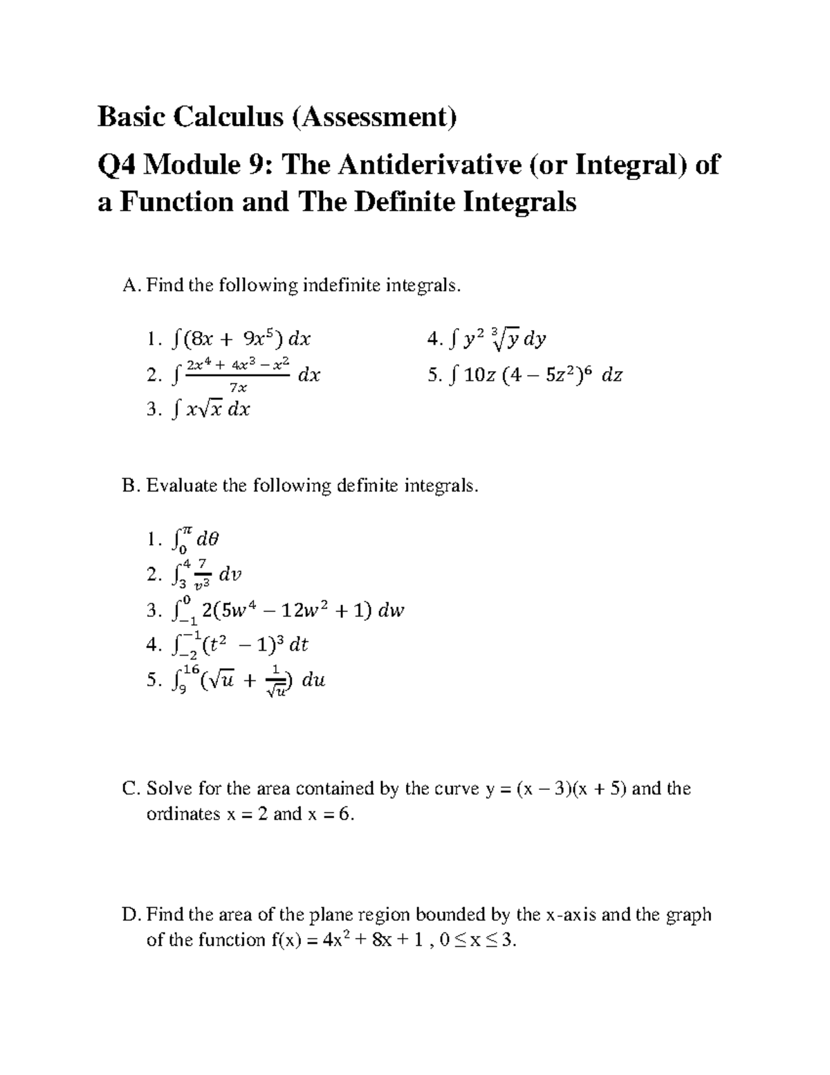 Assessment-M9 - Calculus - Basic Calculus (Assessment) Q4 Module 9: The ...