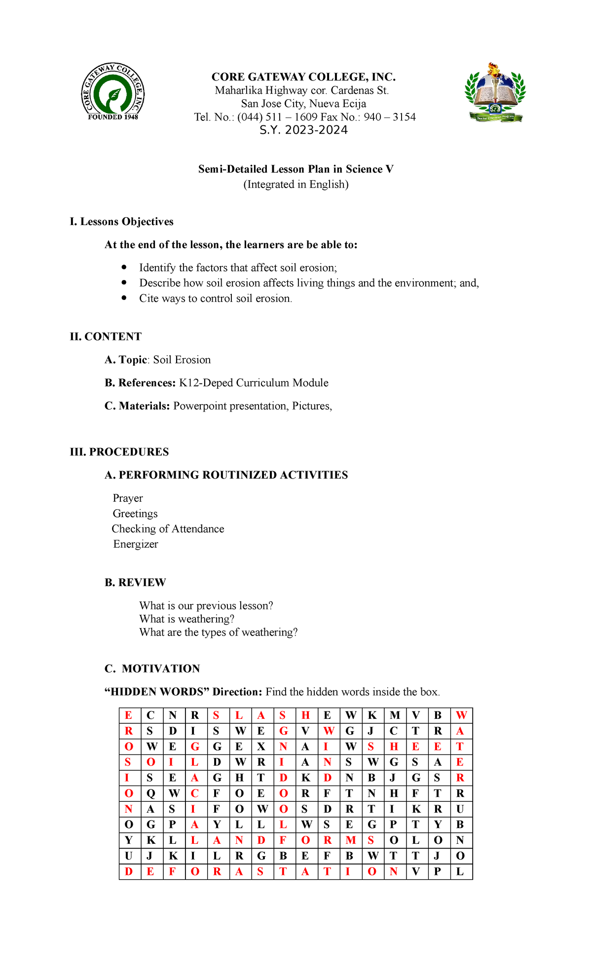 lesson plan in grade 5 science - CORE GATEWAY COLLEGE, INC. Maharlika ...