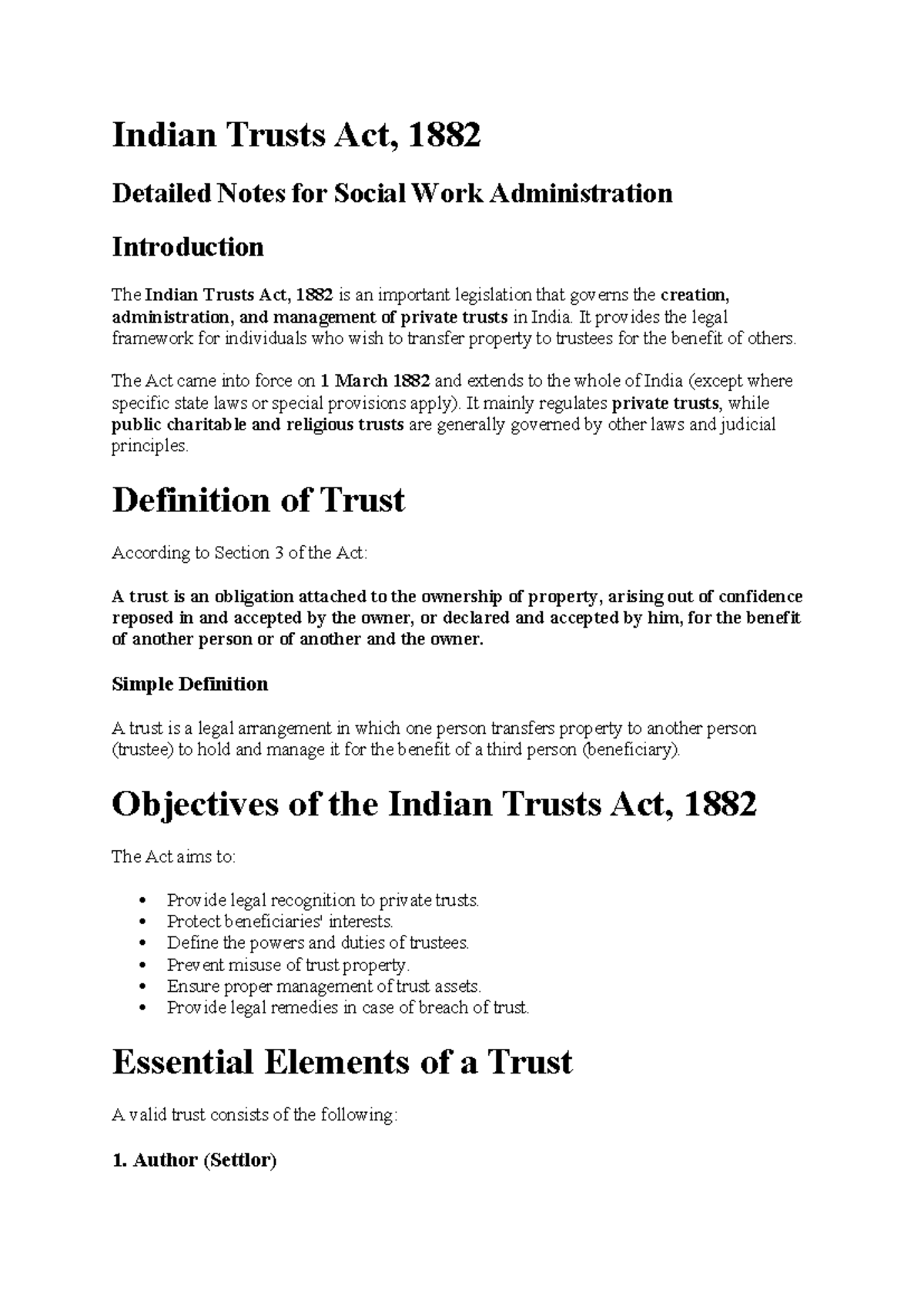 Indian Trusts Act, 1882: Comprehensive Notes for SWA - Studocu