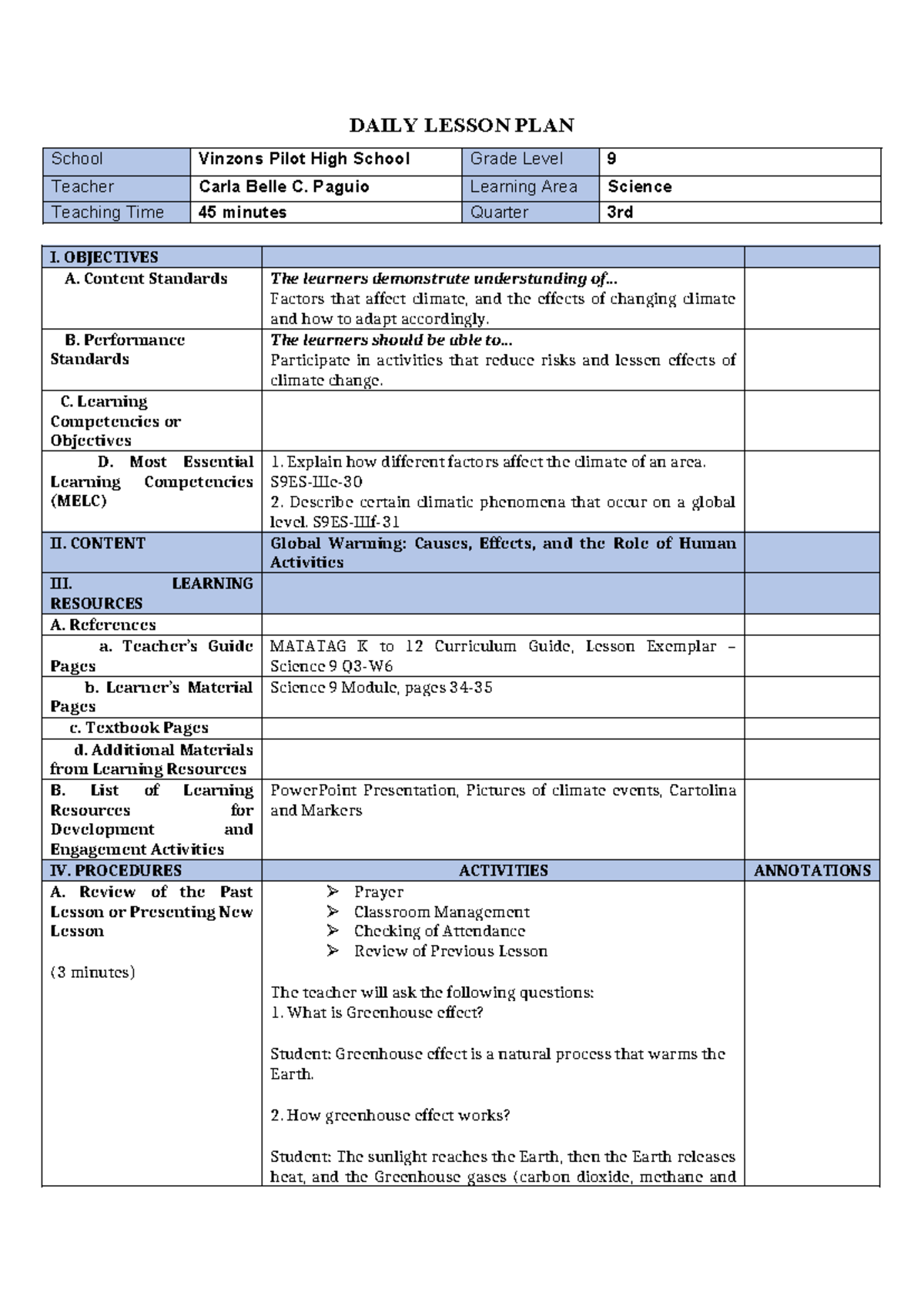 DLP Science 9: Global Warming Causes & Effects Lesson Plan - Studocu