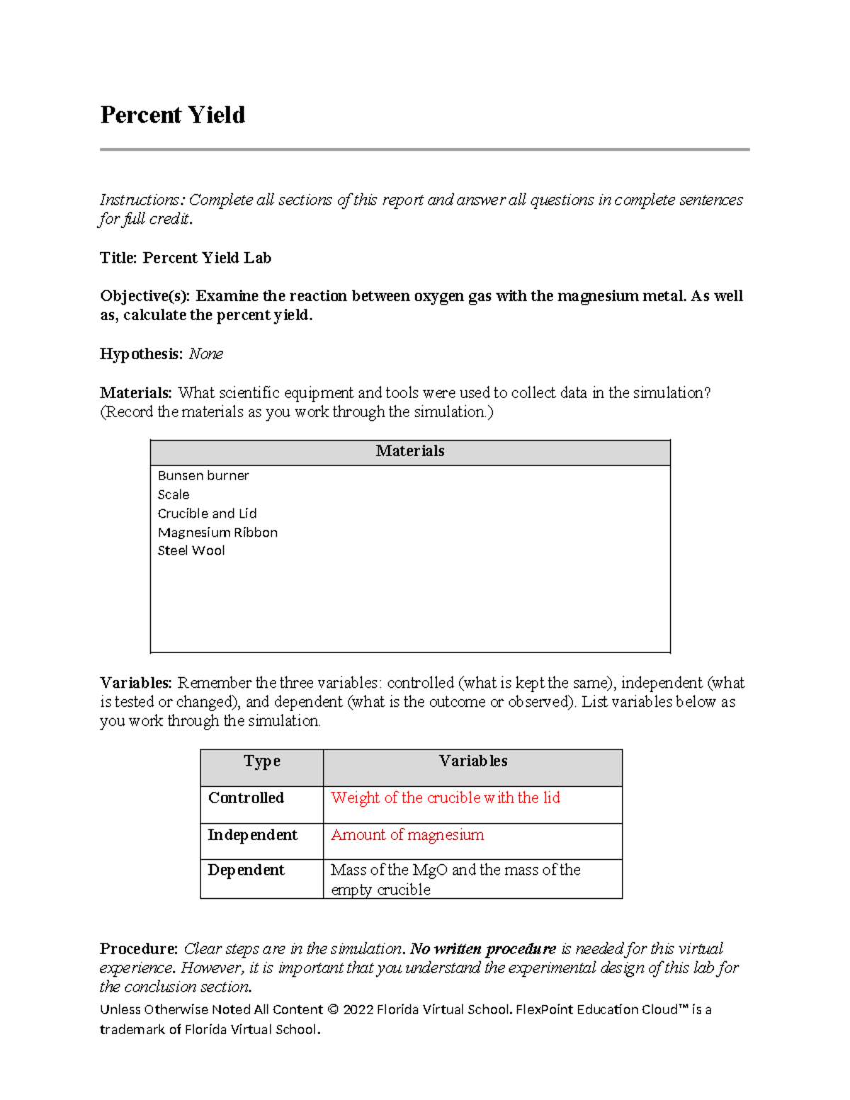 Worksheet 05 07 - FLVS Chem Assignmnet - Percent Yield Instructions ...