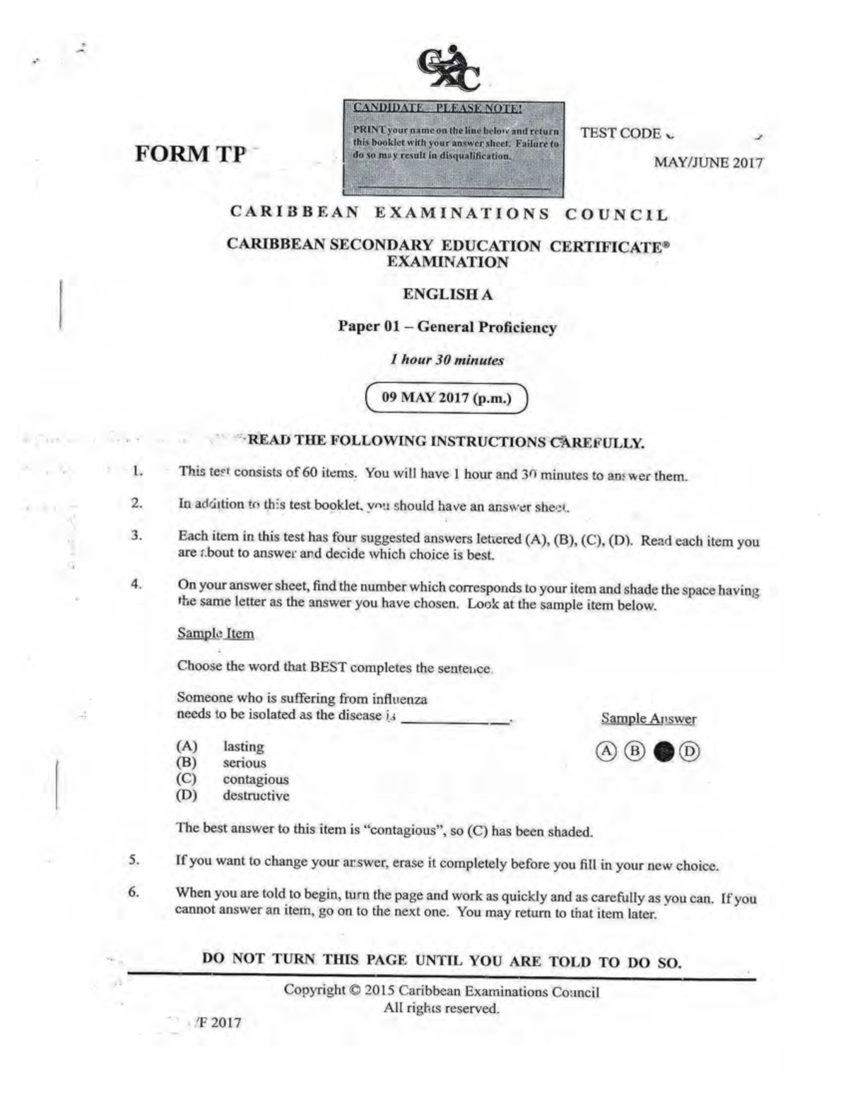 CXC English A Paper 01 General Proficiency Past Exam Instructions and ...