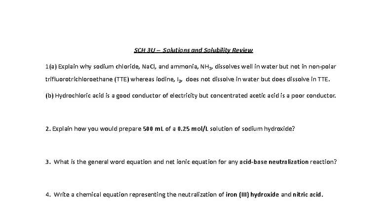 SCH 3U Solutions and Solubility Review: Key Concepts and Calculations ...