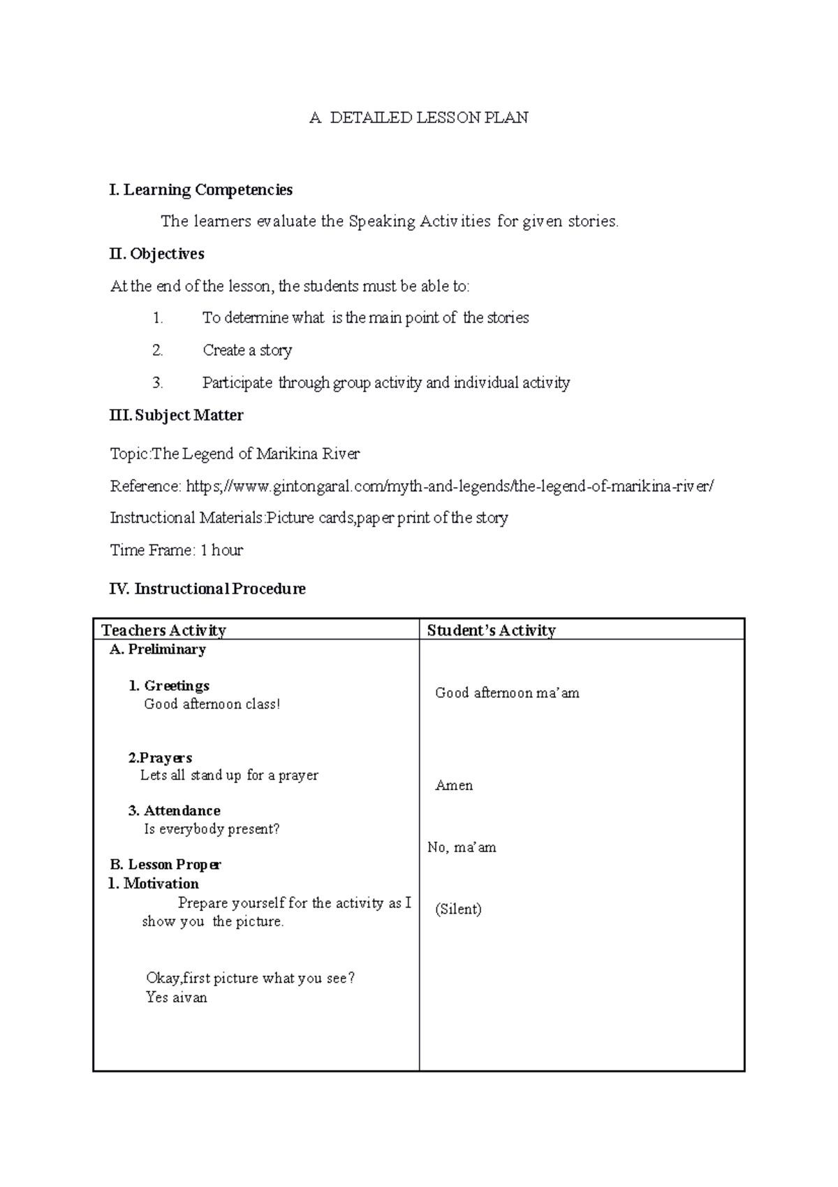 (Lesson Plan for Speaking Skills) - A DETAILED LESSON PLAN I ...