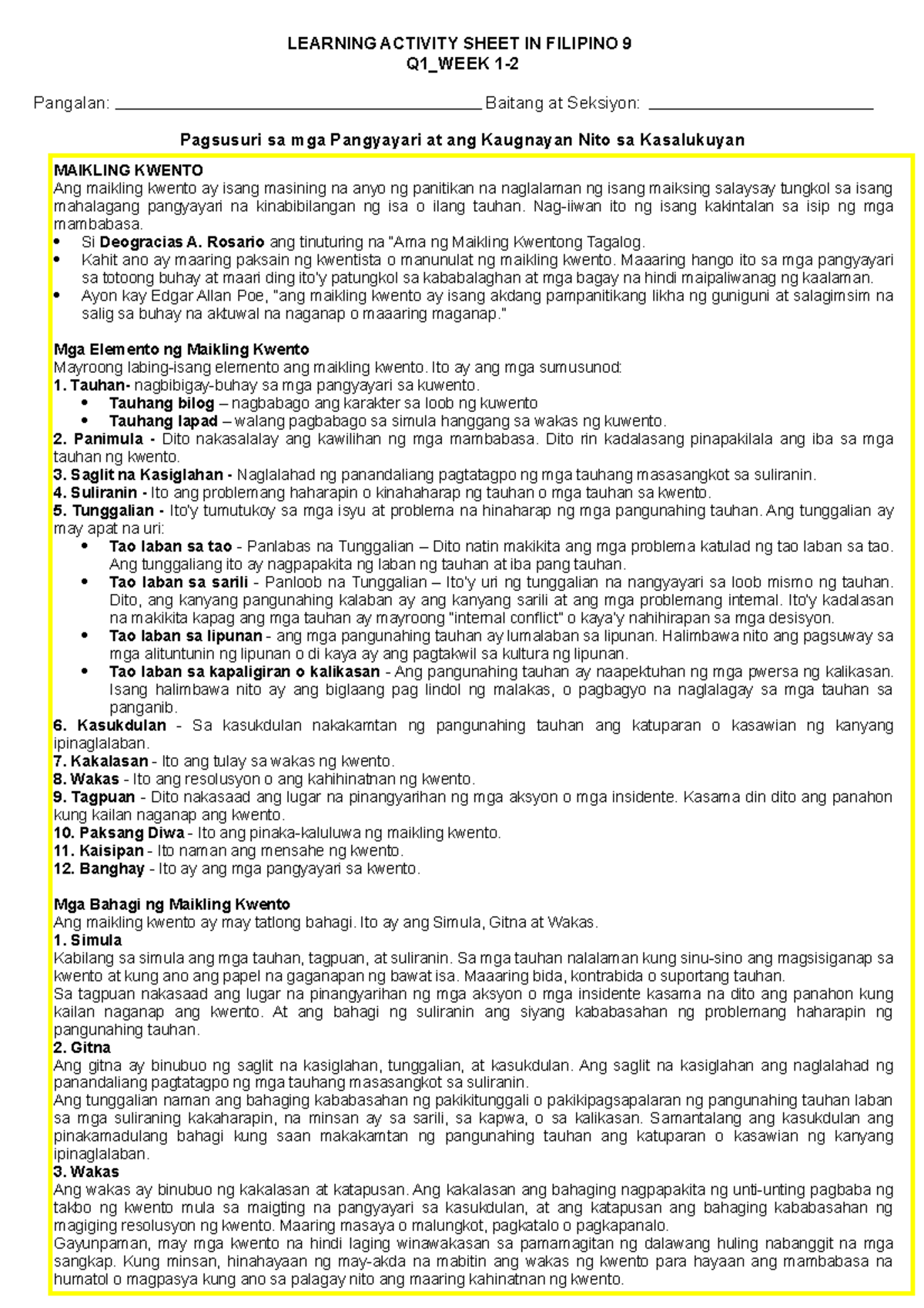 Learning Activity Sheet: Filipino 9 Q1 Weeks 1-3 on Short Stories and ...
