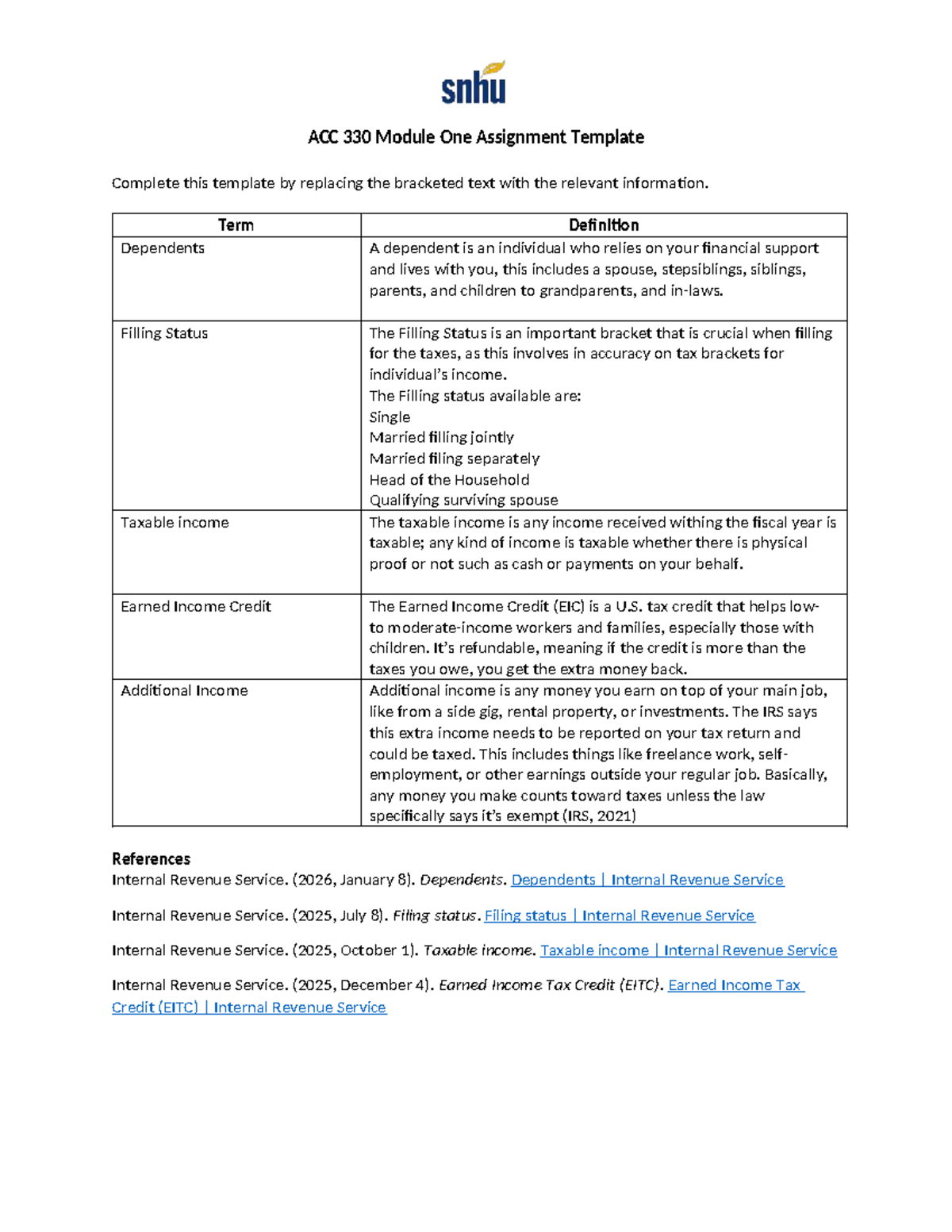 ACC 330 Module One Tax Assignment: Dependents & Filing Status - Studocu