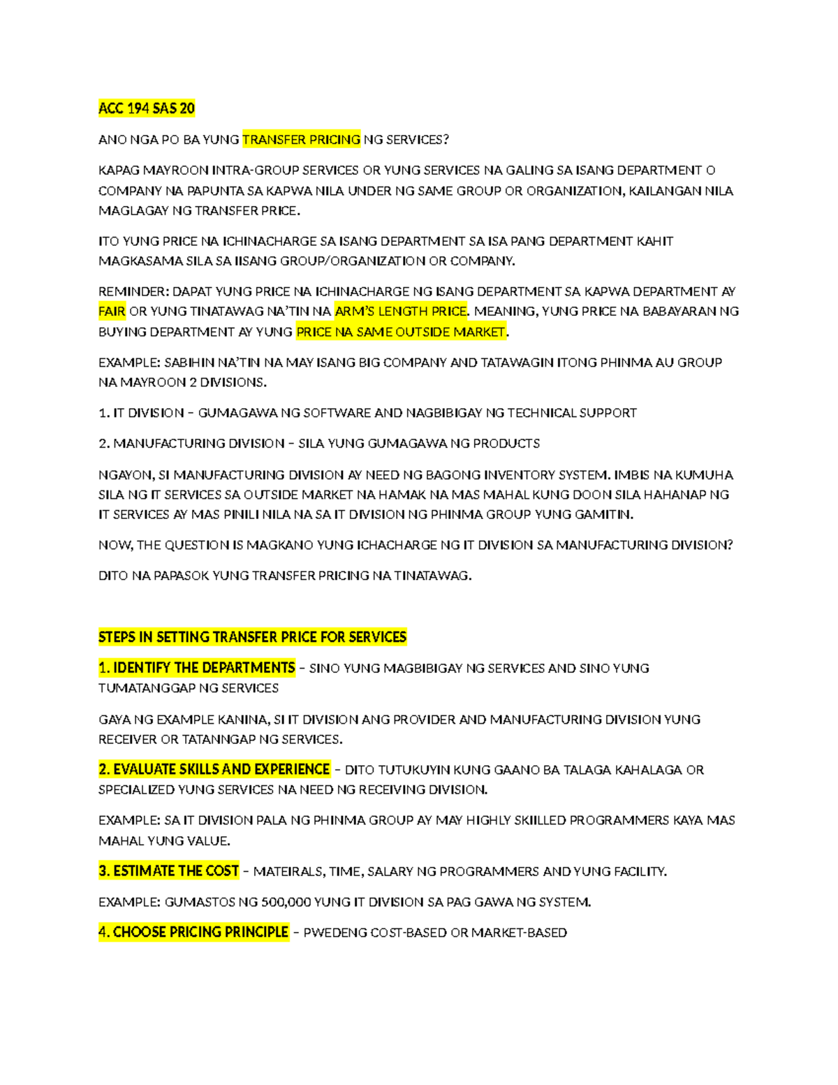 ACC 194 SAS 20 Transfer Pricing for Interdepartmental Services - Studocu