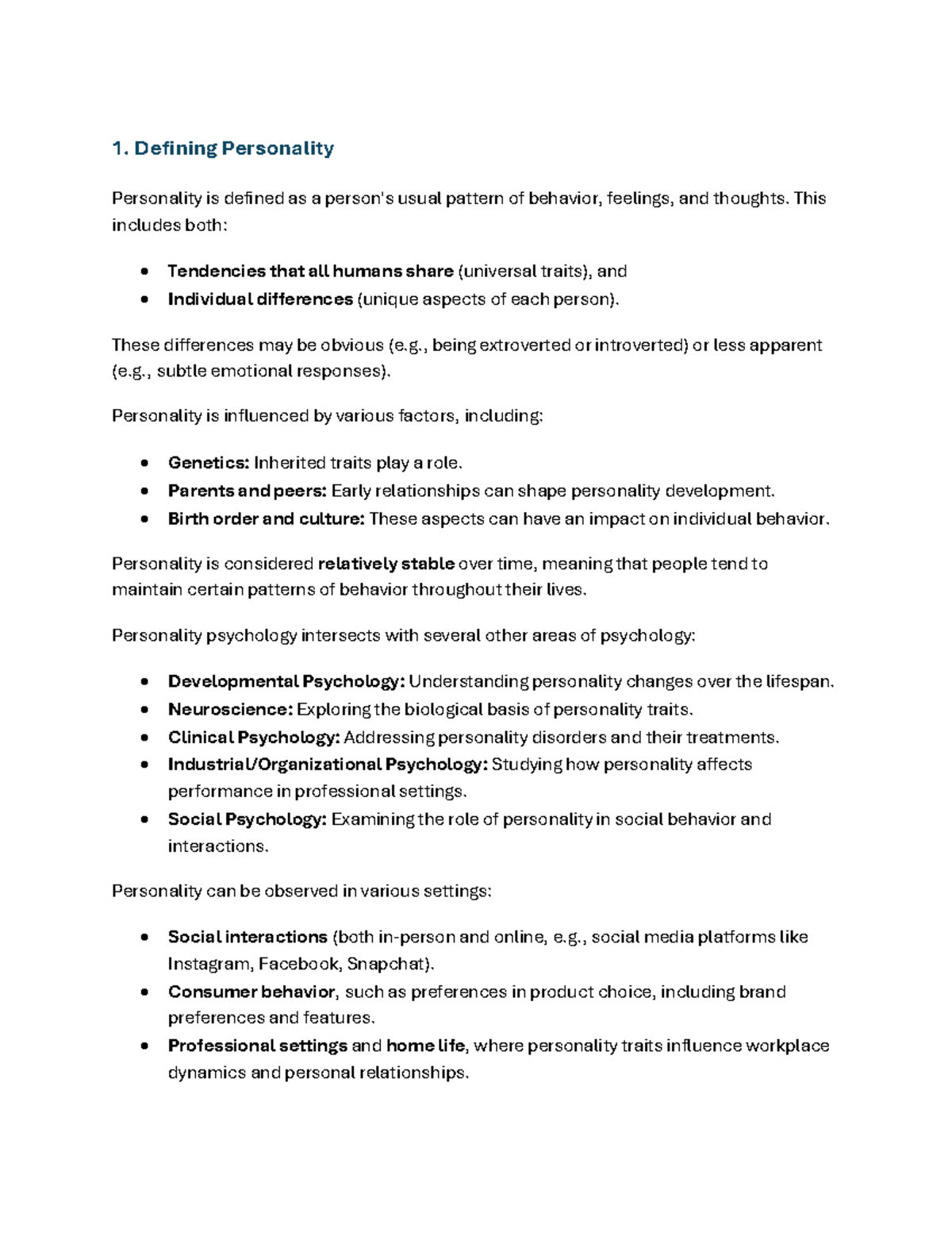 Personality - notes - 1. Defining Personality Personality is defined as ...