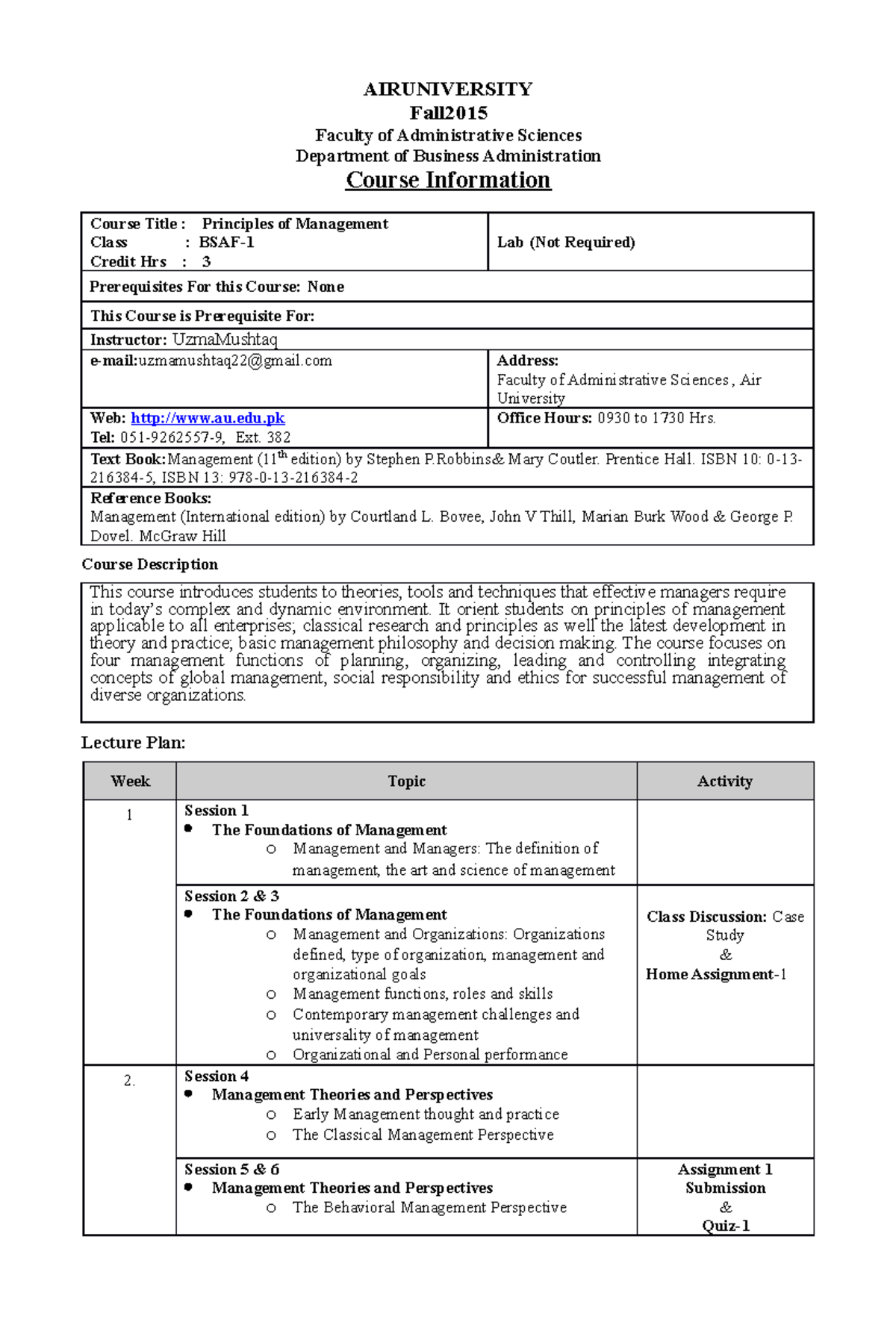 Principles of management course outline - AIRUNIVERSITY Fall Faculty of ...