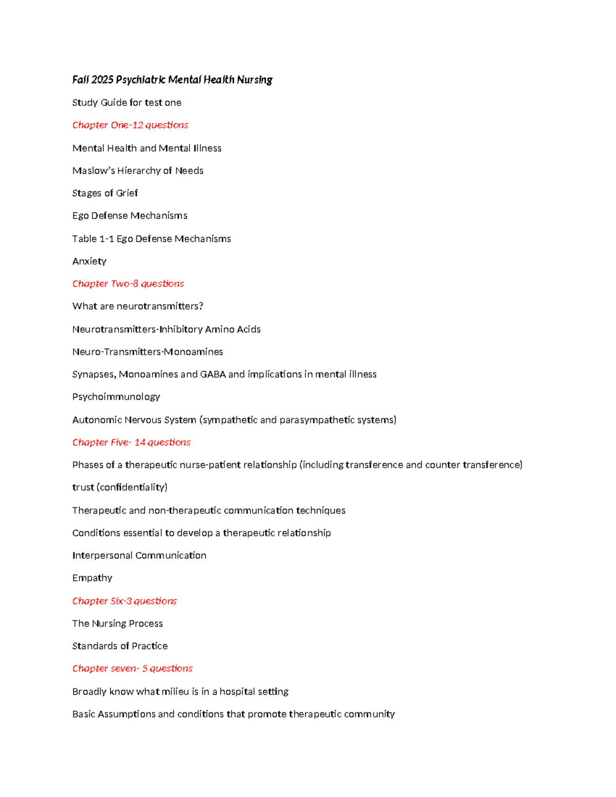 Fall 2025 PMH Nursing Study Guide: Test One Overview - Studocu