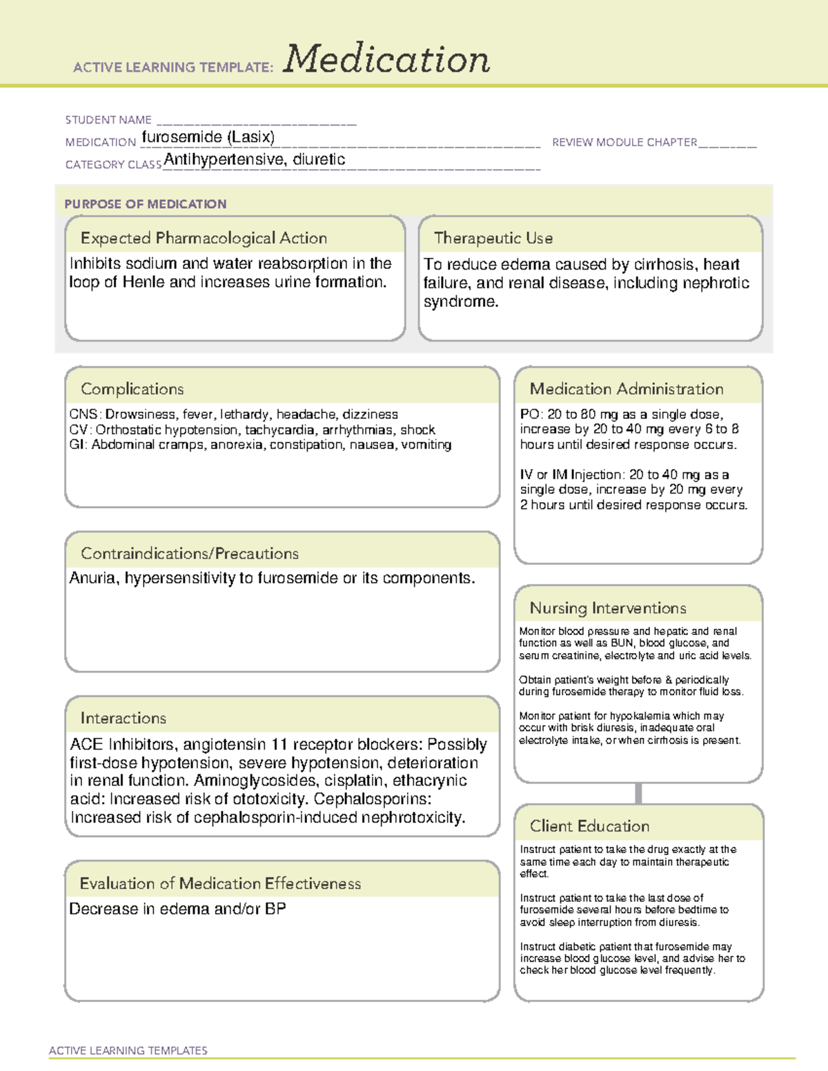 Furosemide (Lasix) - Pharmacology Drug Card Study Guide - Studocu