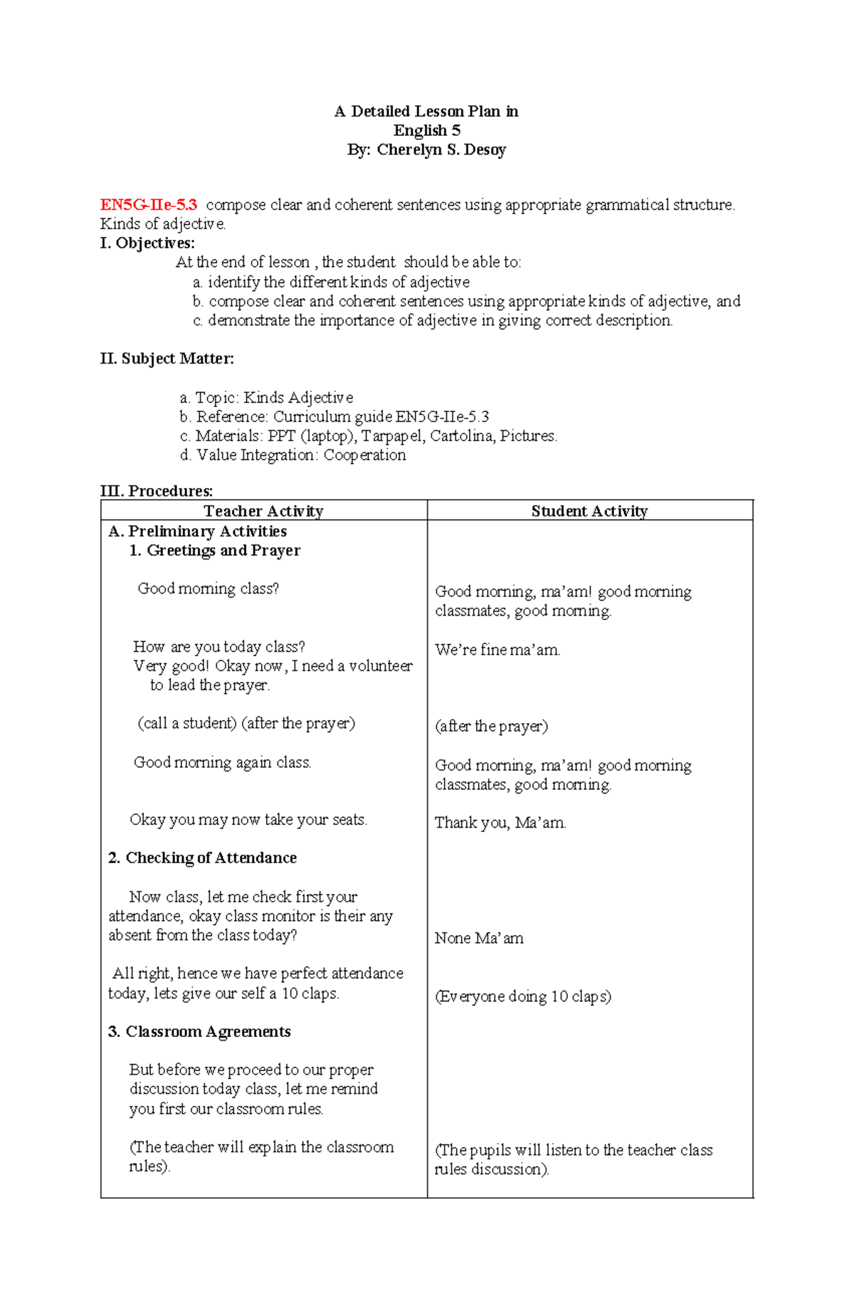 Lesson Plan on Kinds of Adjectives for English 5: Cherelyn S. Desoy ...