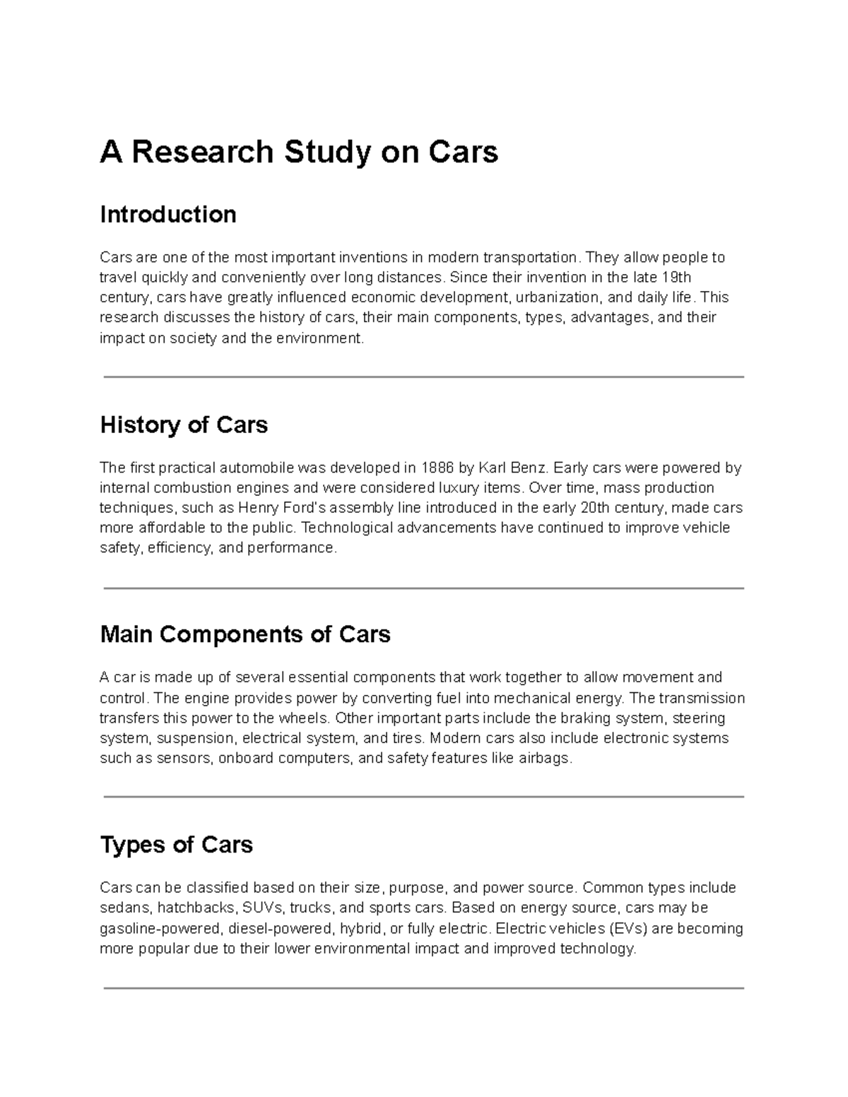 Cars - A Comprehensive Study on Their History and Impact - Studocu