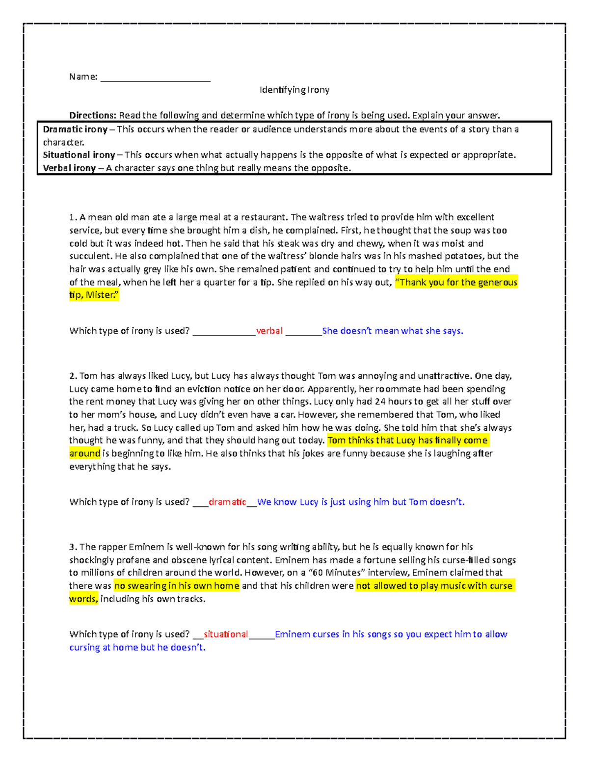 Irony worksheet answers - Name: _____________________ Identifying Irony ...