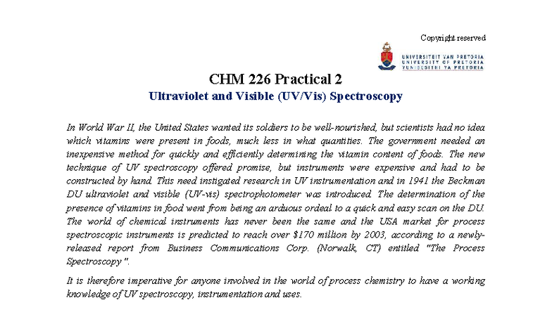 CHM 226 Practical 2 - UV & Visible Spectroscopy Techniques - Studocu