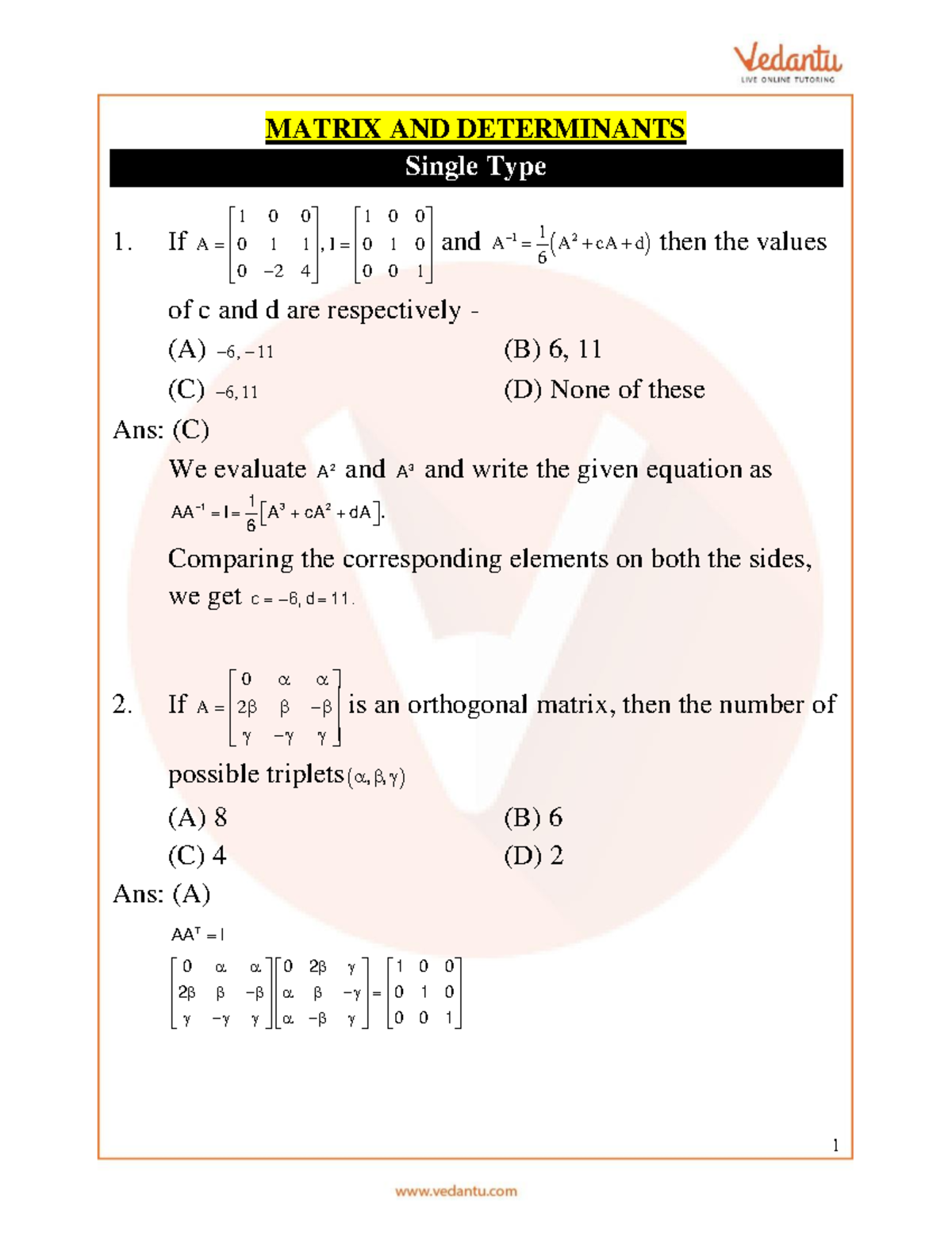 JEE Advanced Important Questions: Matrix and Determinants - Studocu