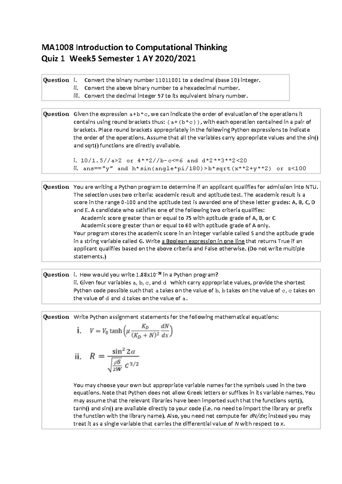 Ca1 Ay2020 2021 S1 Ca1 Ay2020 2021 S1 Ma1008 Introduction To Computational Thinking Quiz 1