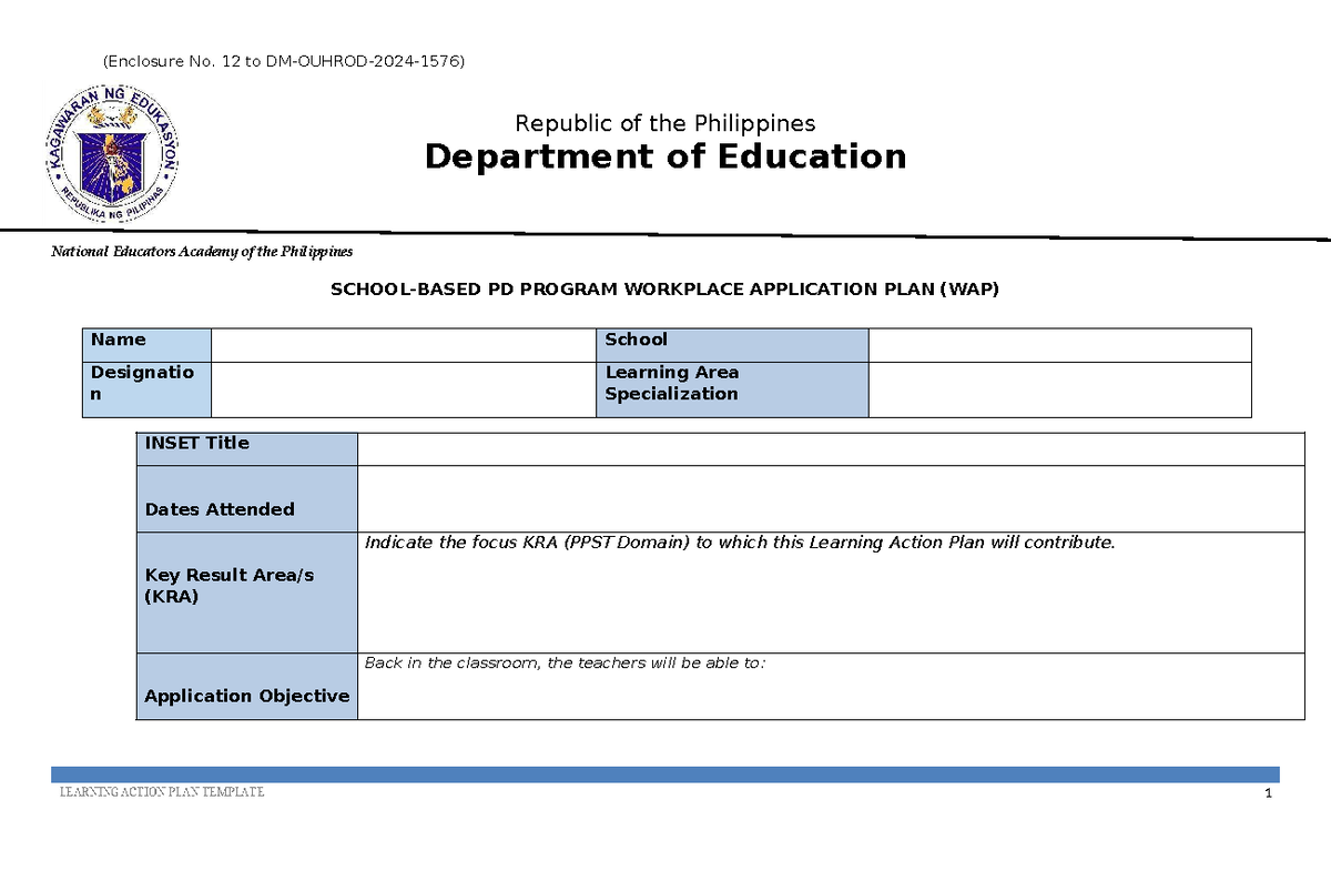 School-Based PD Program Workplace Application Plan Template 2 - Studocu