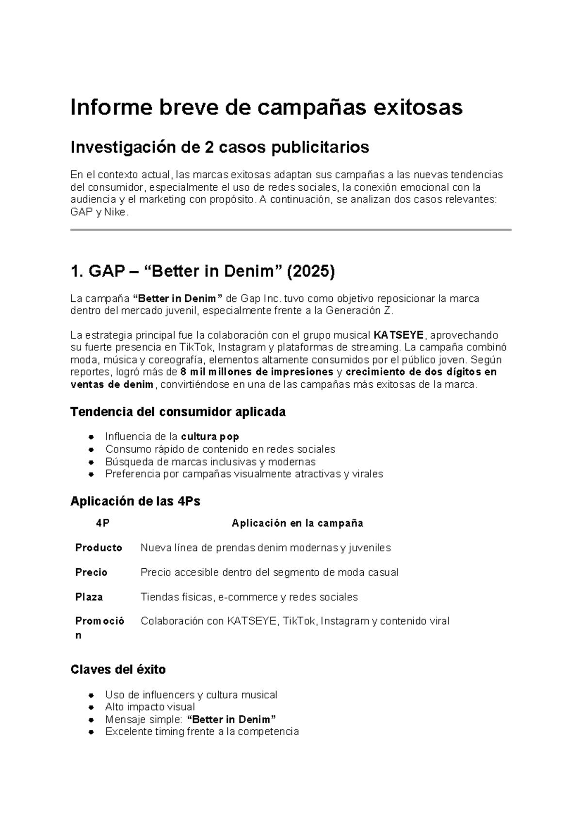 Análisis de Campañas Publicitarias Exitosas: GAP y Nike - Studocu