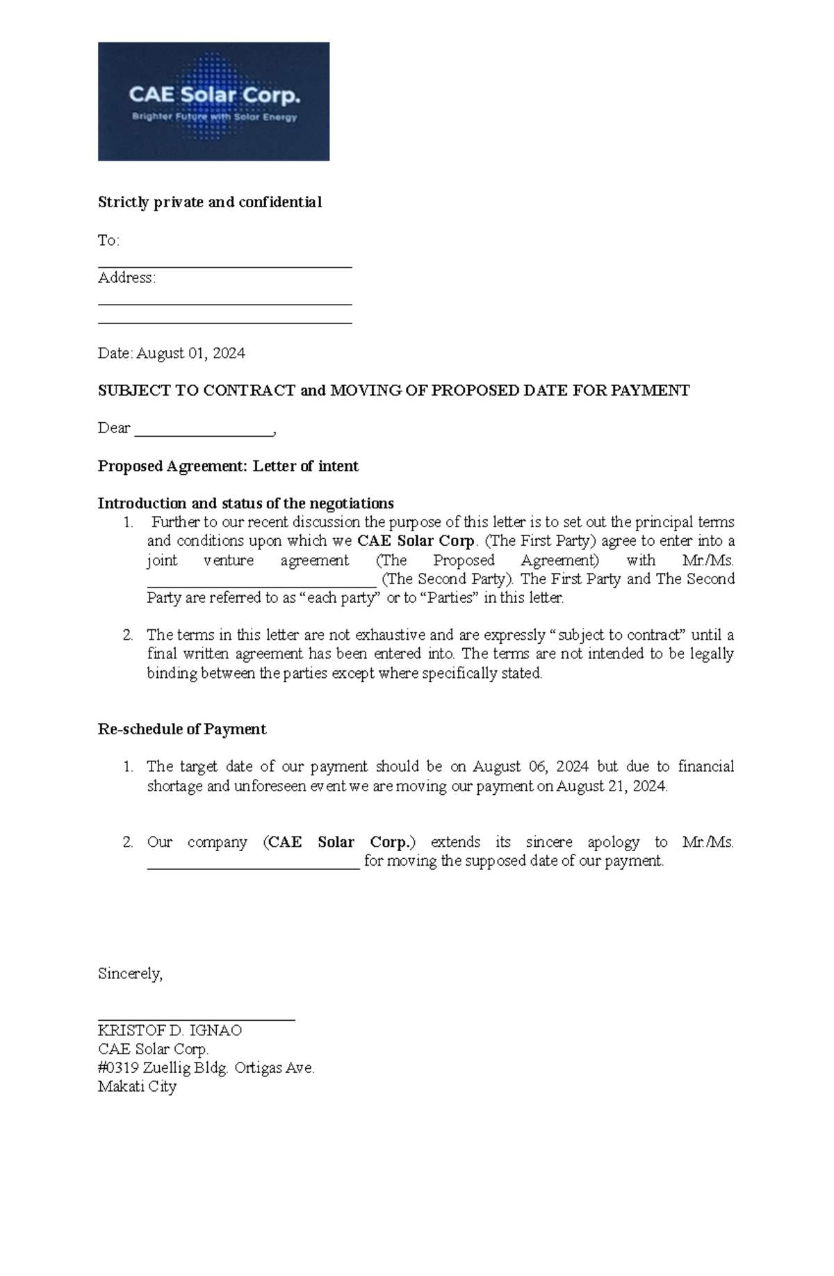 Proposed Agreement Letter of Intent: CAE Solar Corp. Update - Studocu