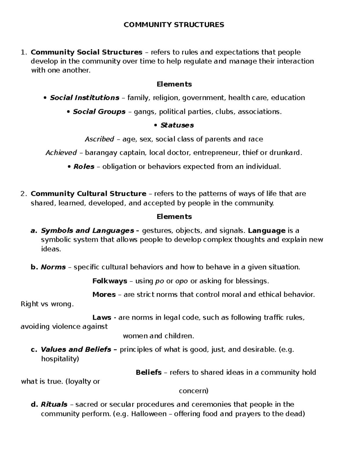 Community Structures: Social and Cultural Elements Explained - Studocu