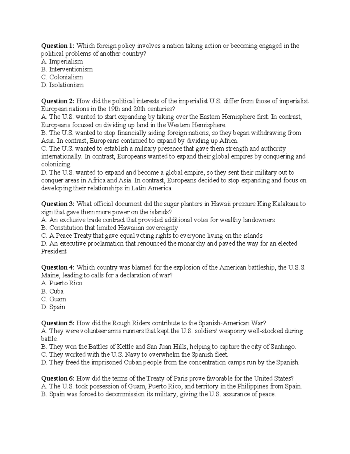 Quiz on U.S. Imperialism & Spanish-American War (Course Code: TBD ...