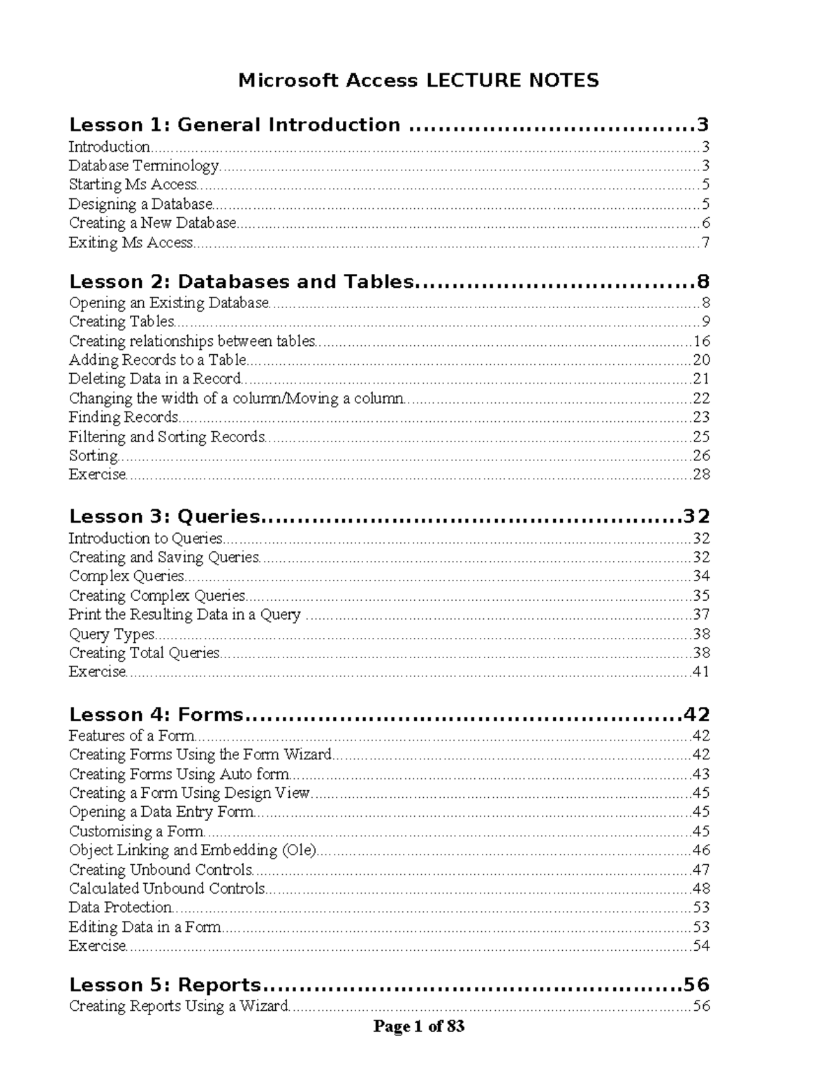 MS Access LECTURE NOTES: Comprehensive Overview & Key Functions - Studocu
