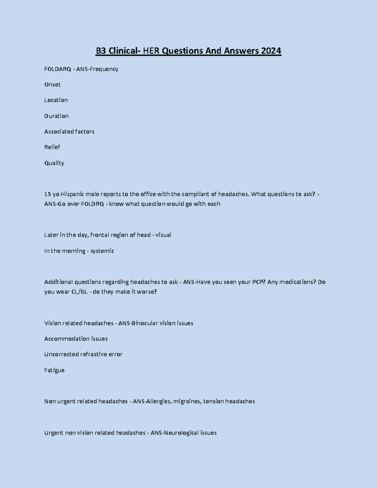 B3 Clinical - HER Questions & Answers for 2024 Exam Prep - Studocu