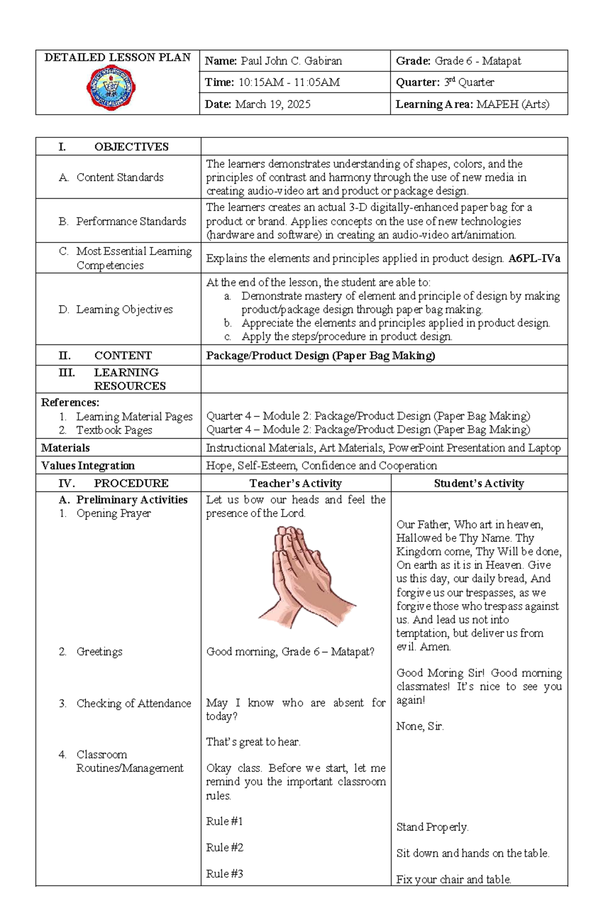 DLP: Grade 6 MAPEH Lesson Plan on Paper Bag Making - Studocu