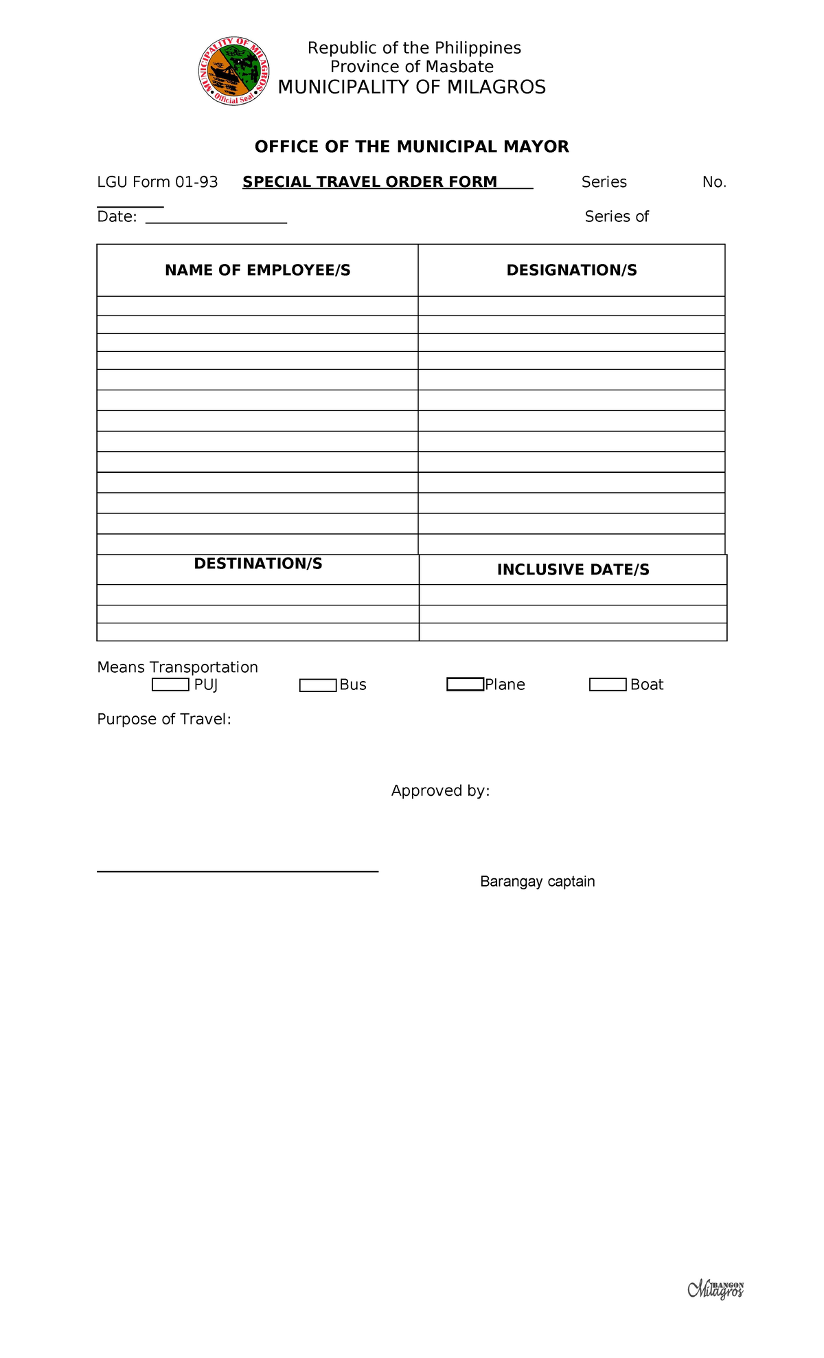 LGU Form 01-93 Special Travel Order - Municipality of Milagros - Studocu