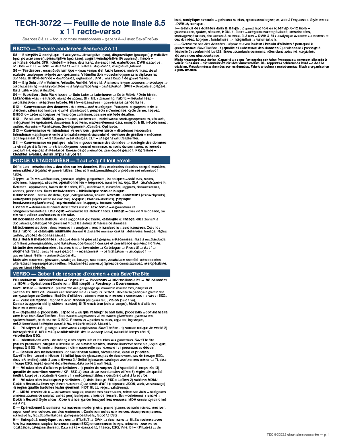 Cheat Sheet S8-S11: Métadonnées et Gouvernance des Données - Studocu