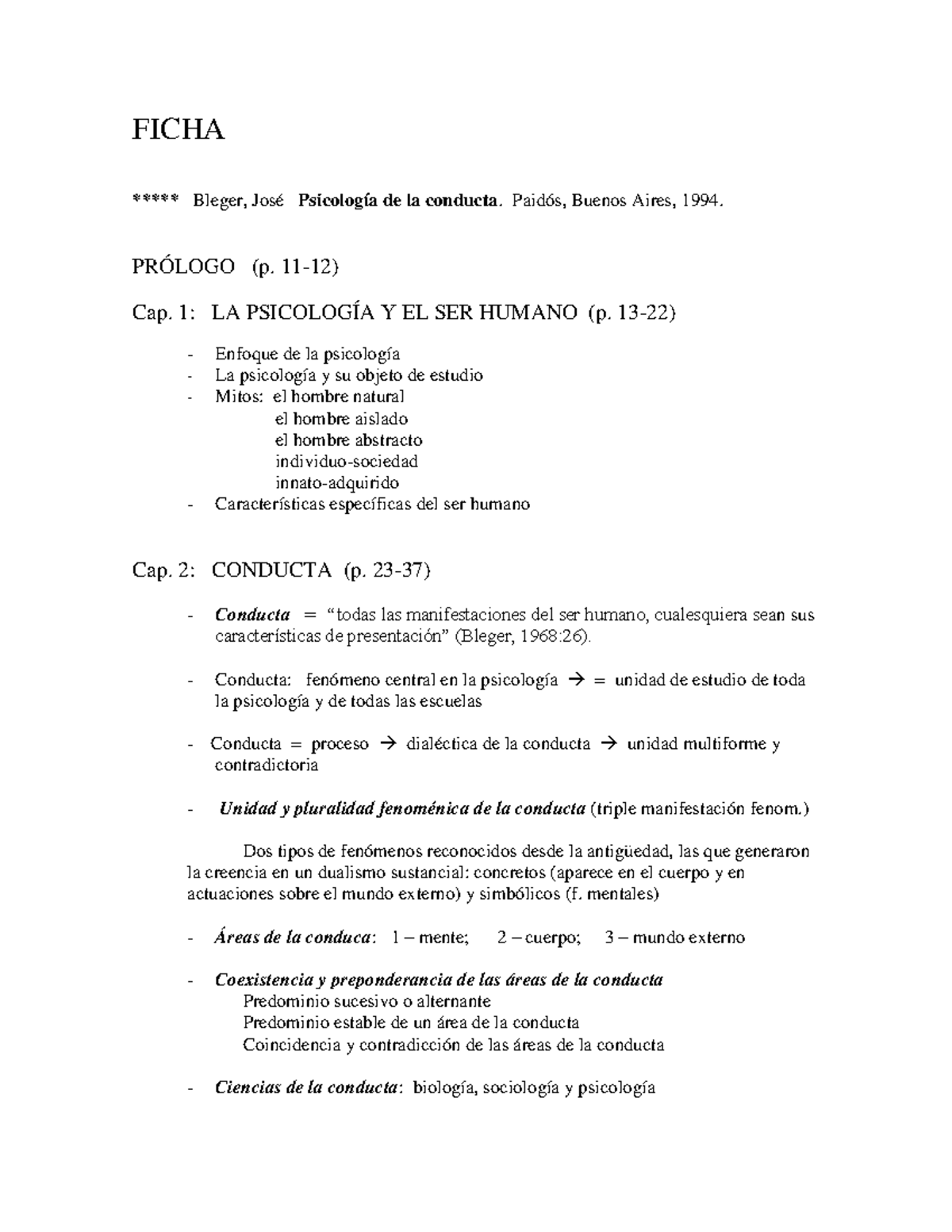 Bleger - Resumen y Notas sobre Psicología de la Conducta - Studocu