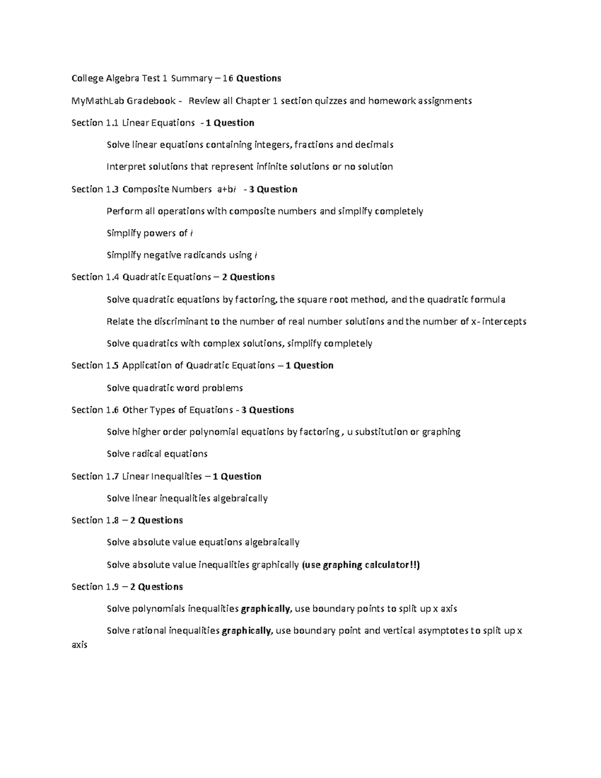 College Algebra Test 1 Summary: Key Concepts & Problems - Studocu
