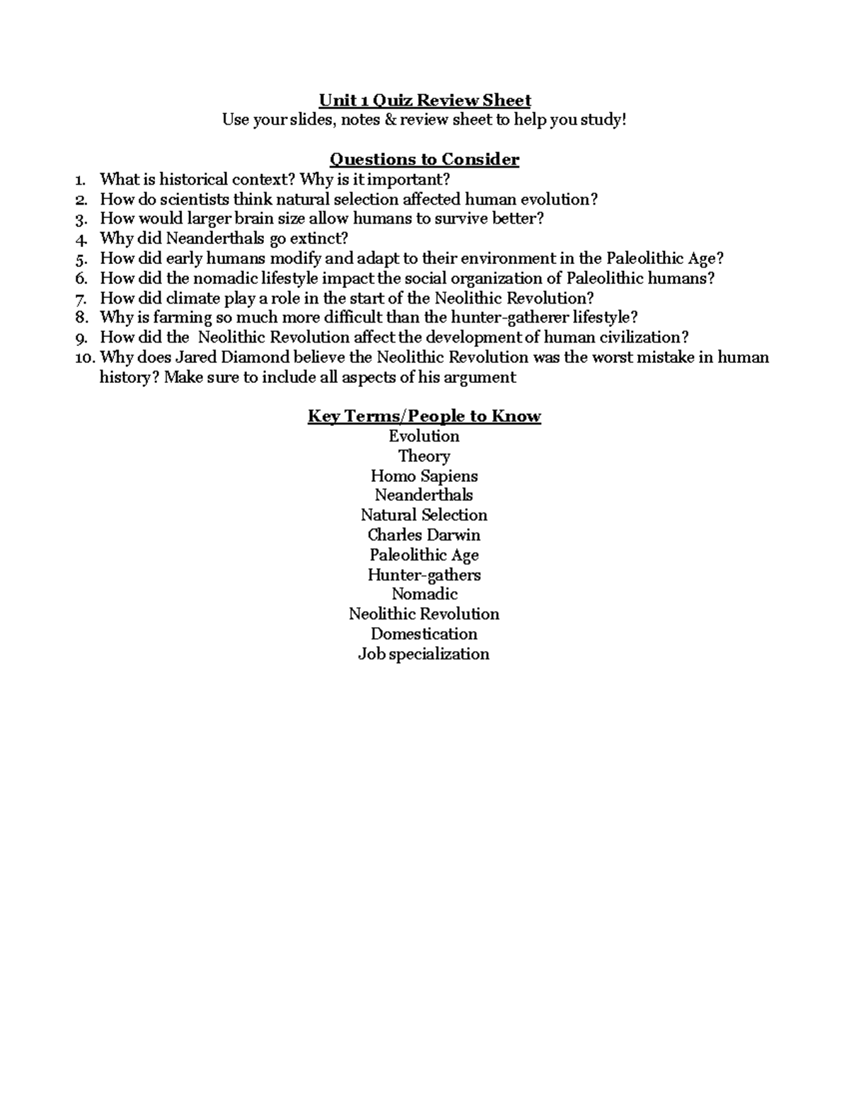 Unit 1 Quiz Review Sheet (2025): Human Evolution & Neolithic Revolution - Studocu