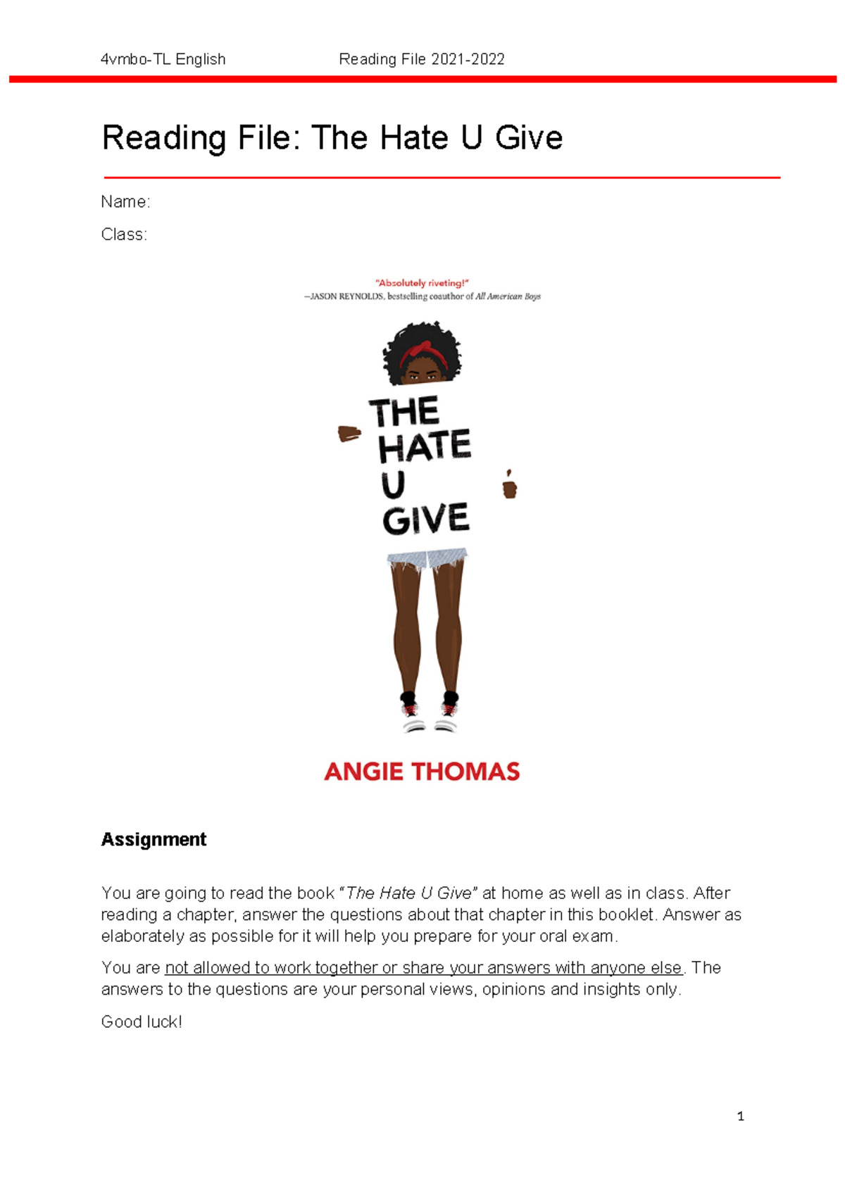 ENGL 101 The Hate U Give Assignment Question Guide for Exam Prep ...