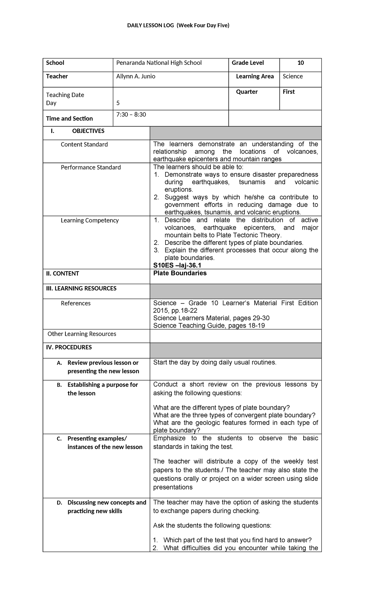 DLL Week 4 Day 5 - lesson plan science - DAILY LESSON LOG (Week Four ...