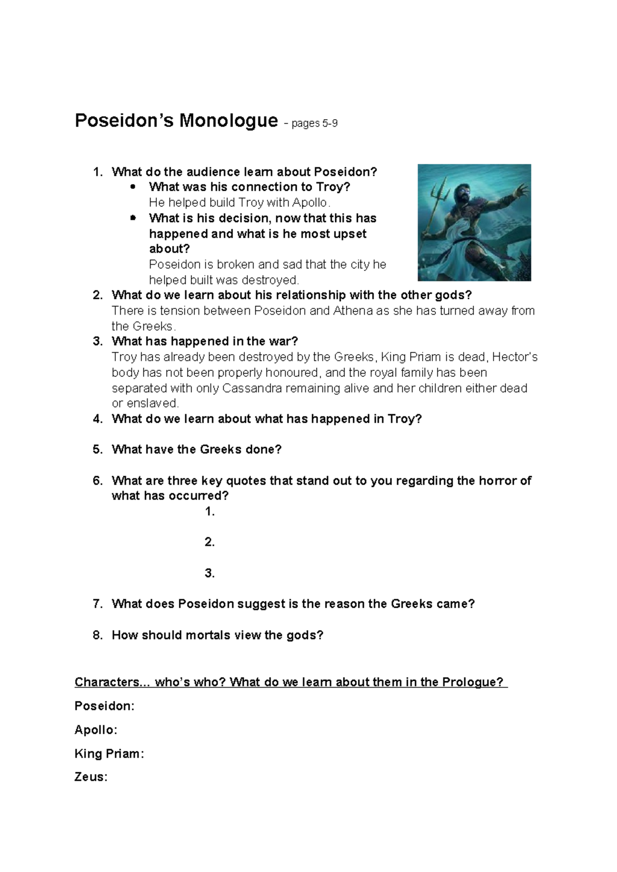 Prologue Questions - Women of Troy Analysis (ENG 101) - Studocu