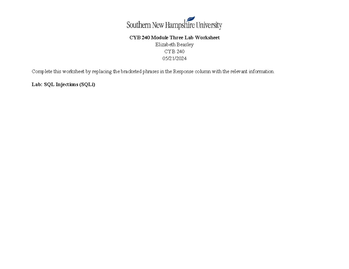 CYB 240 Lab 3: Application Security and SQL Injection Mitigation - Studocu
