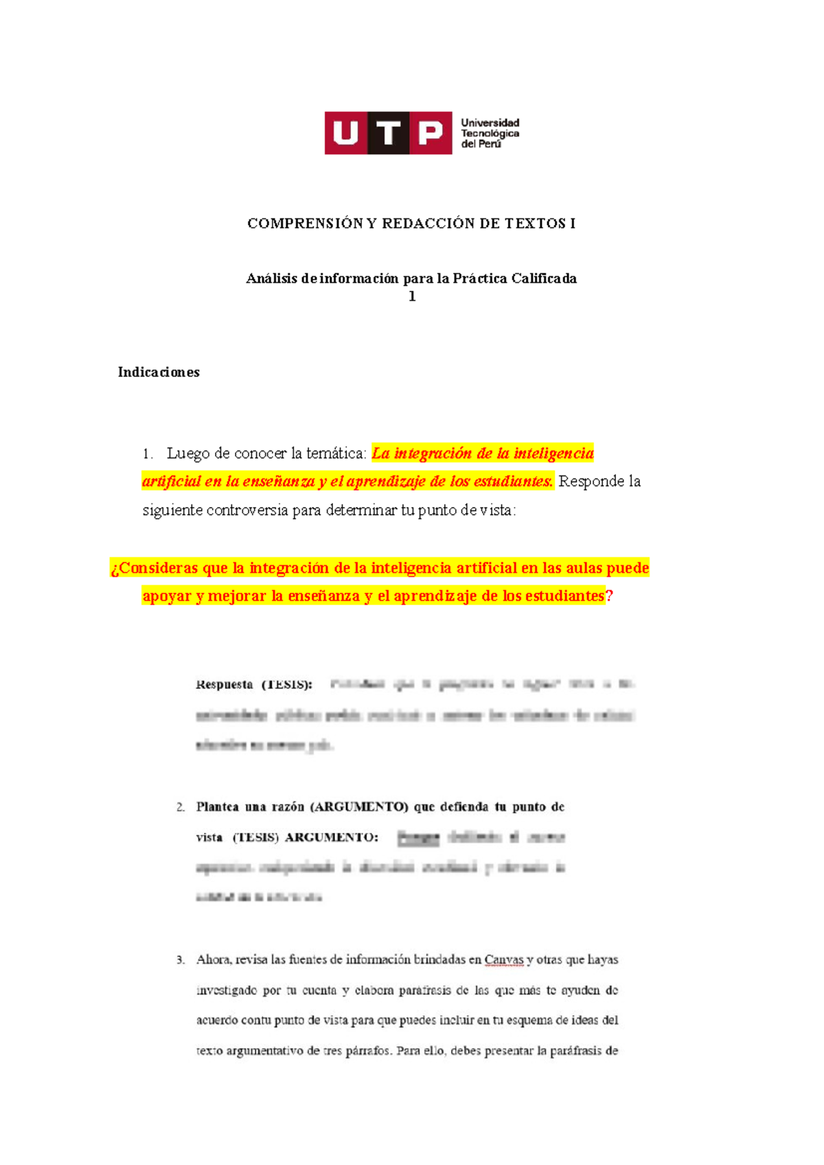COMPRENSIÓN Y REDACCIÓN DE TEXTOS I - Tarea Semana 03 PC1 - Studocu